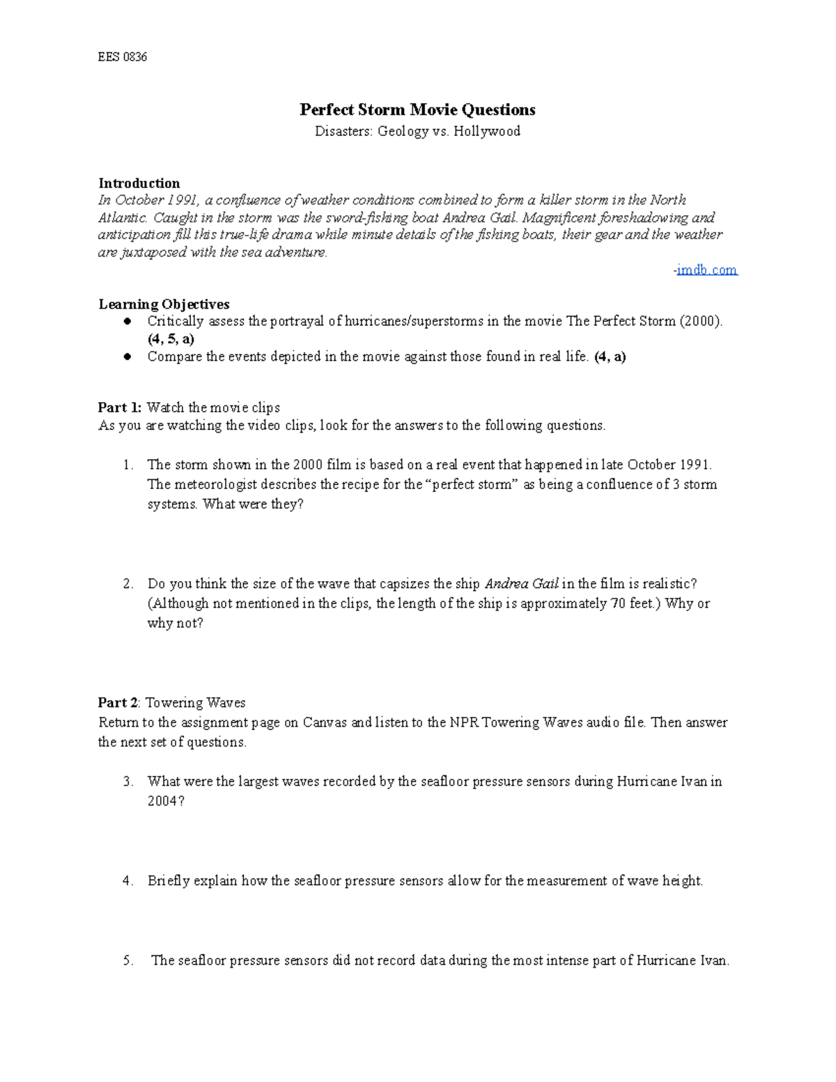 MQ Perfect Storm - Homework - EES 0836 Perfect Storm Movie Questions ...