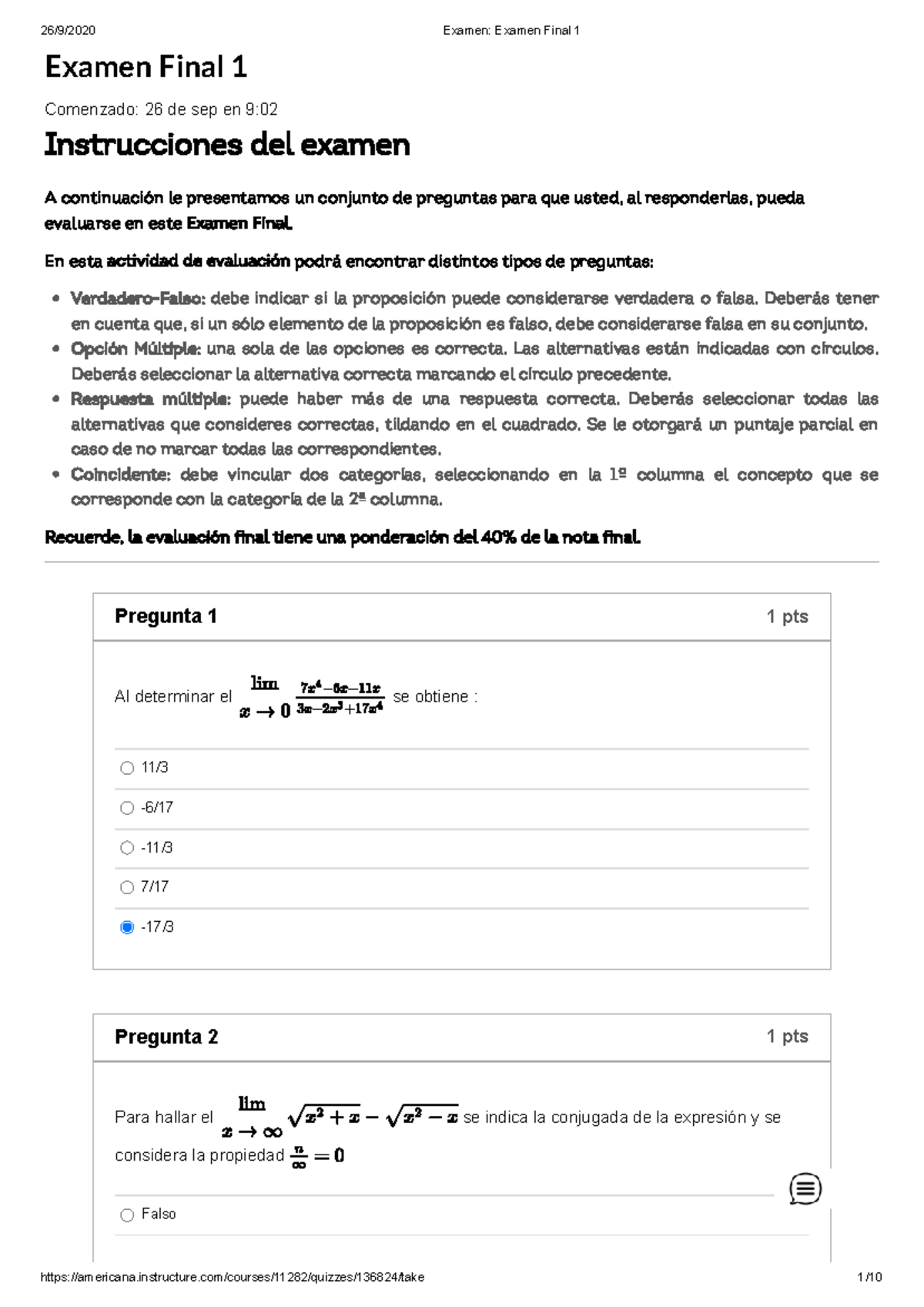 Examen Final Set Mat3 - Examen Final 1 Comenzado: 26 de sep en 9 ...