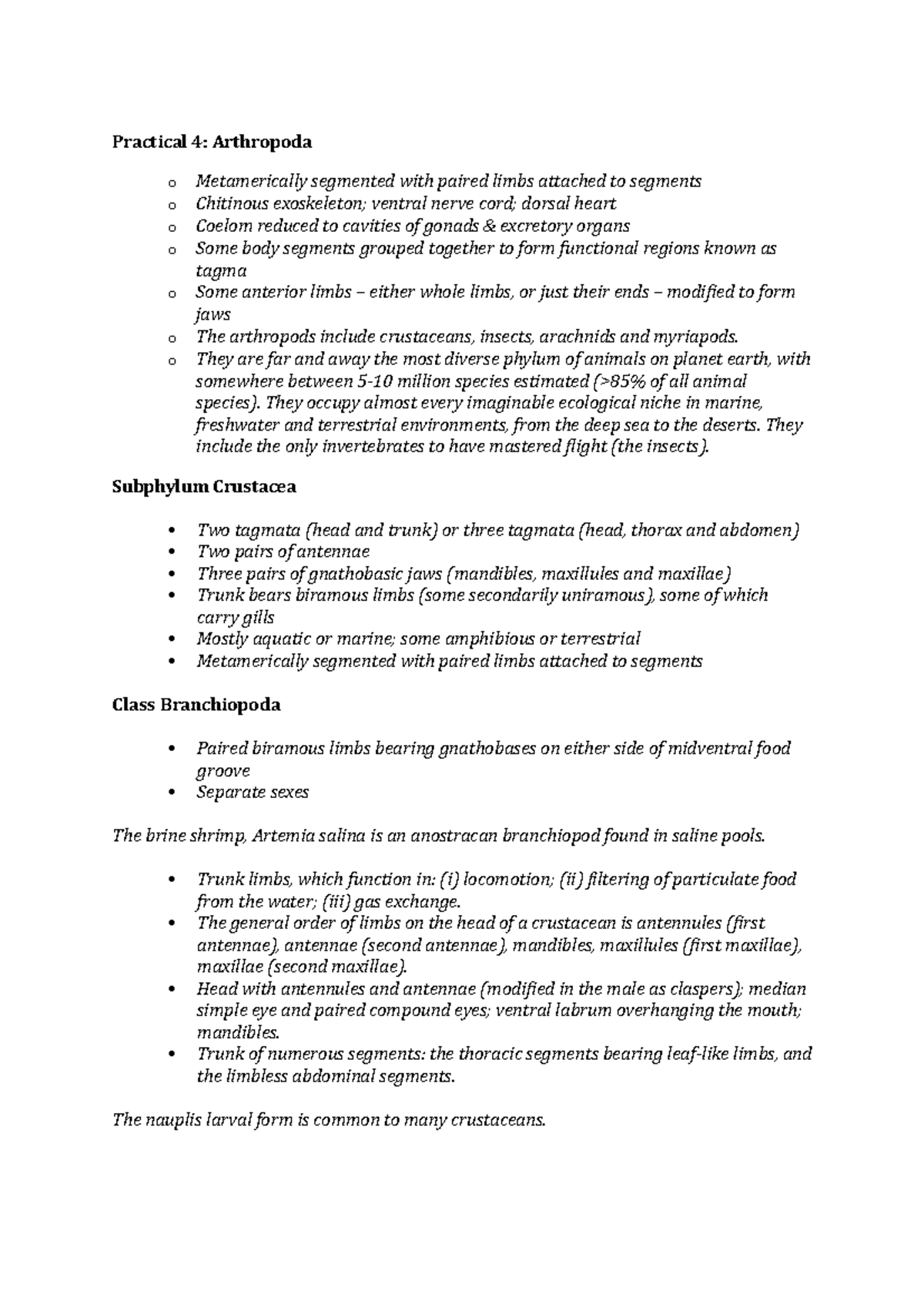Practical 4 - Practical 4: Arthropoda o Metamerically segmented with ...