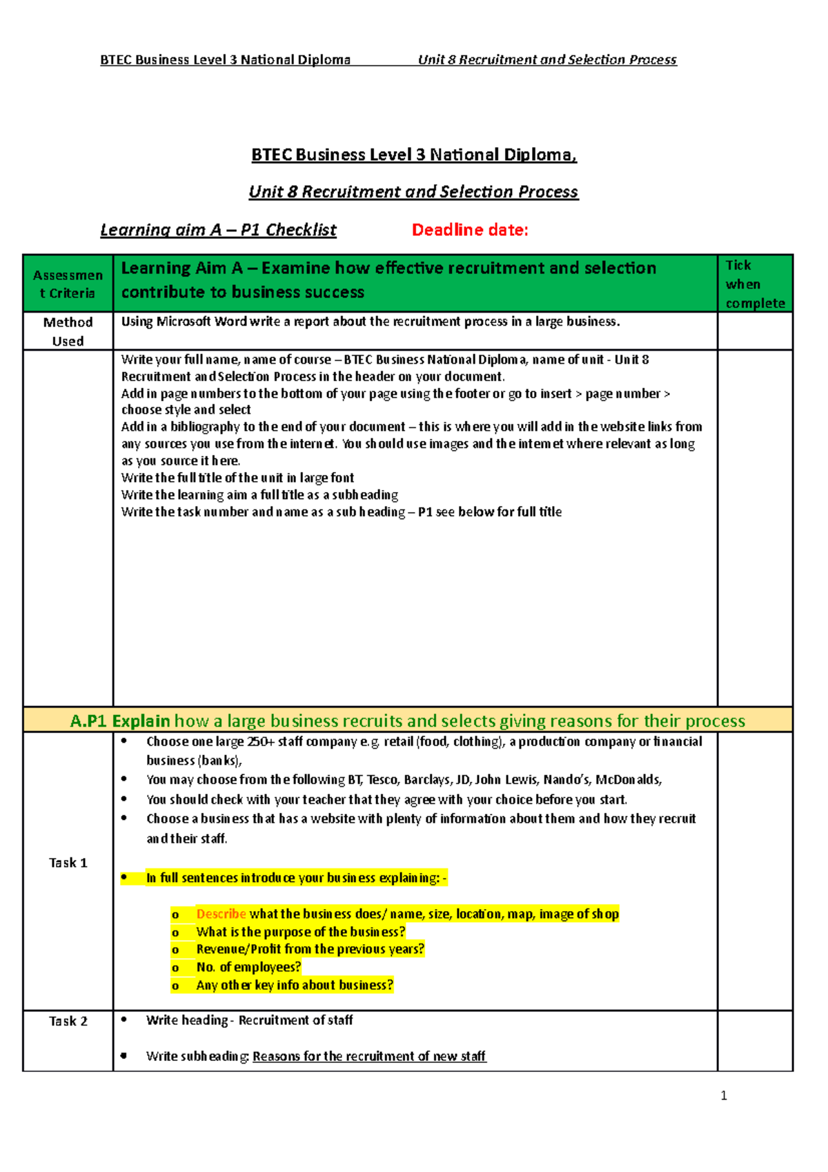 Student Checklist - Unit 8 - LAA - P1 task - BTEC Business Level 3 ...