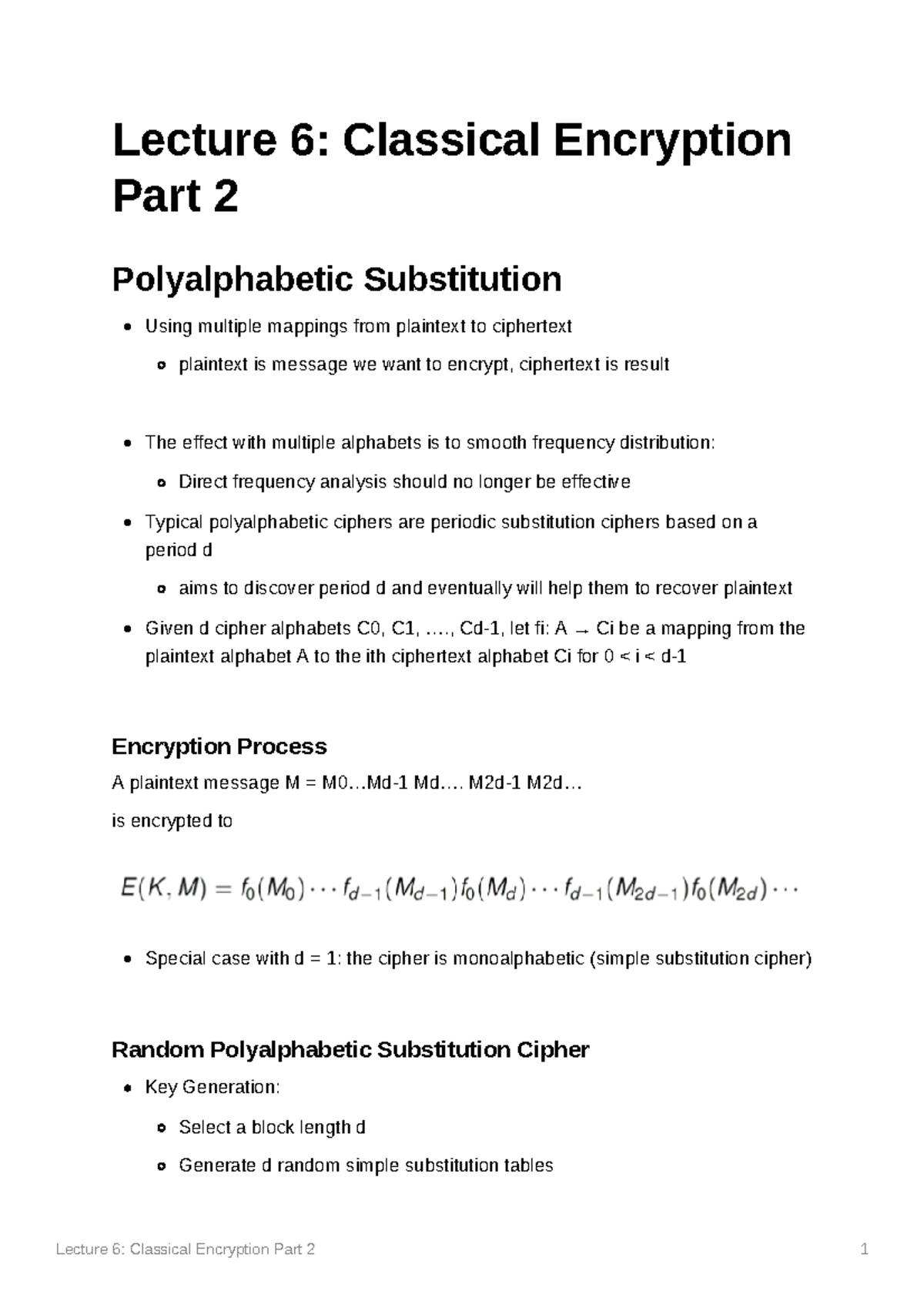 Lecture 6 Classical Encryption Part 2 - ..., Cd-1, let fi: A → Ci be a mapping from the ...