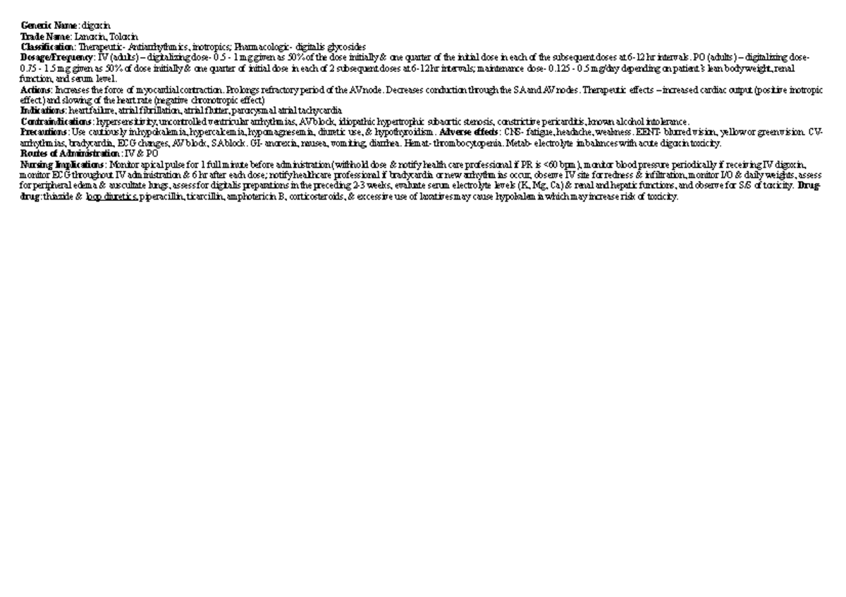 Drug Cards - n/a - Generic Name: digoxin Trade Name: Lanoxin, Toloxin ...