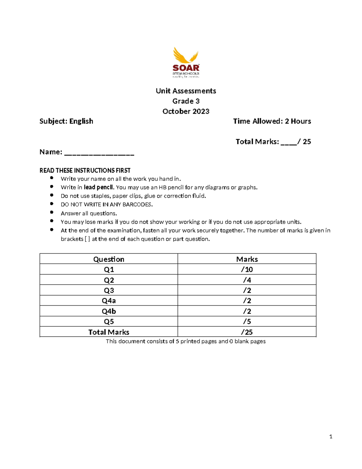 English Grade 3 , UNIT 1 Assessment - Copy - Unit Assessments Grade 3 ...
