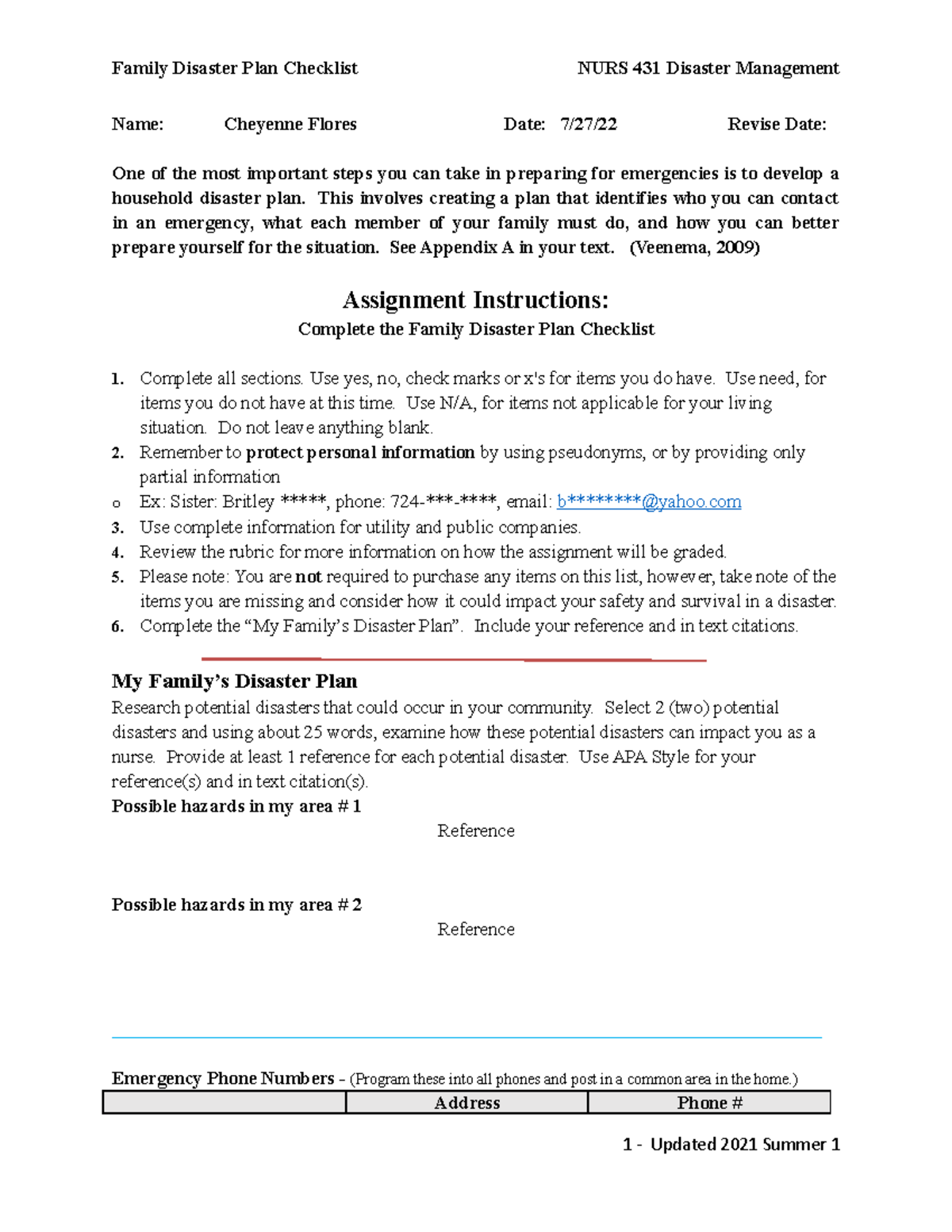 Family Disaster Plan Checklist - Name: Cheyenne Flores Date: 7/27/22 ...