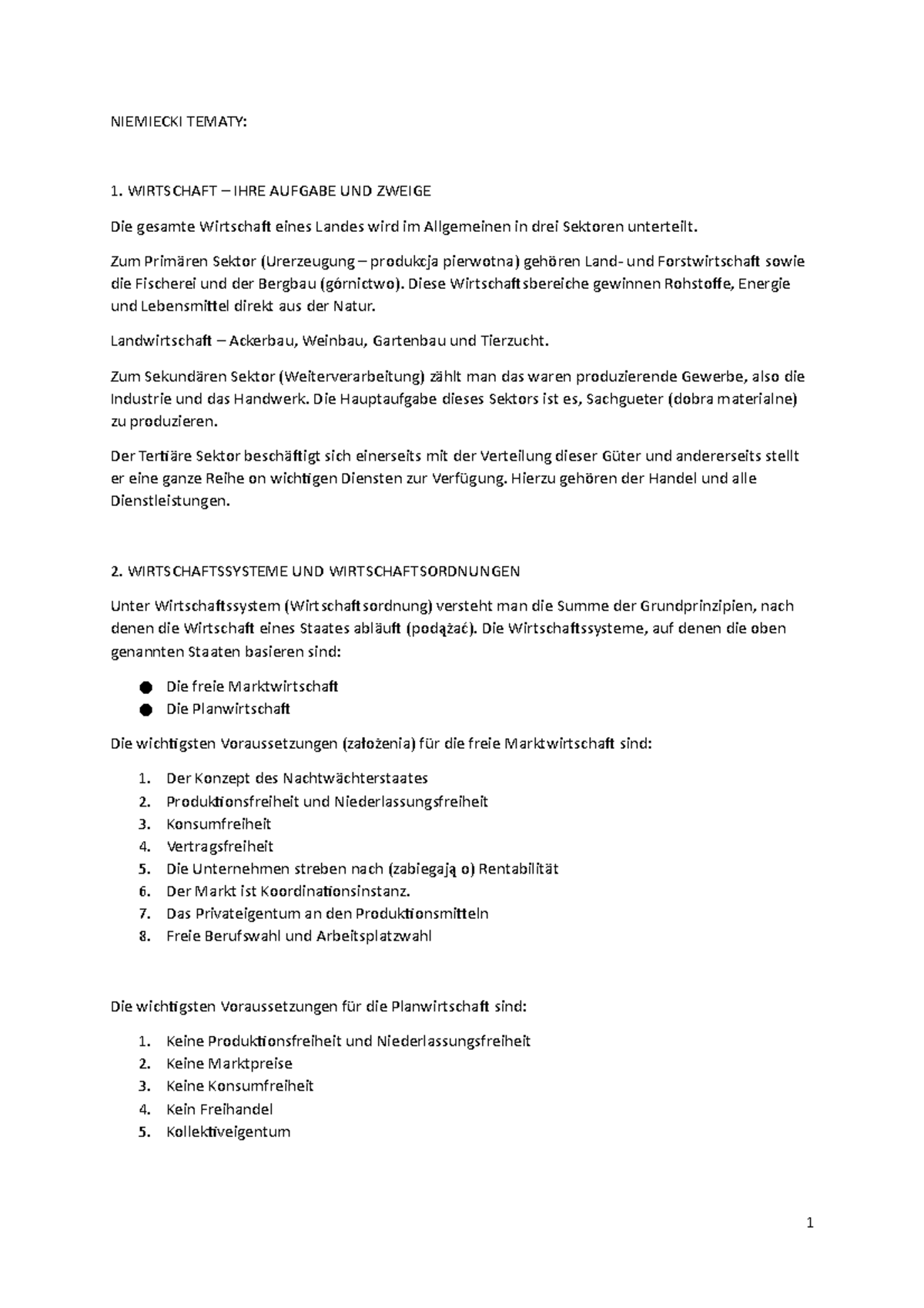 Niemiecki- Tematy - przydatne - NIEMIECKI TEMATY: 1. WIRTSCHAFT – IHRE ...