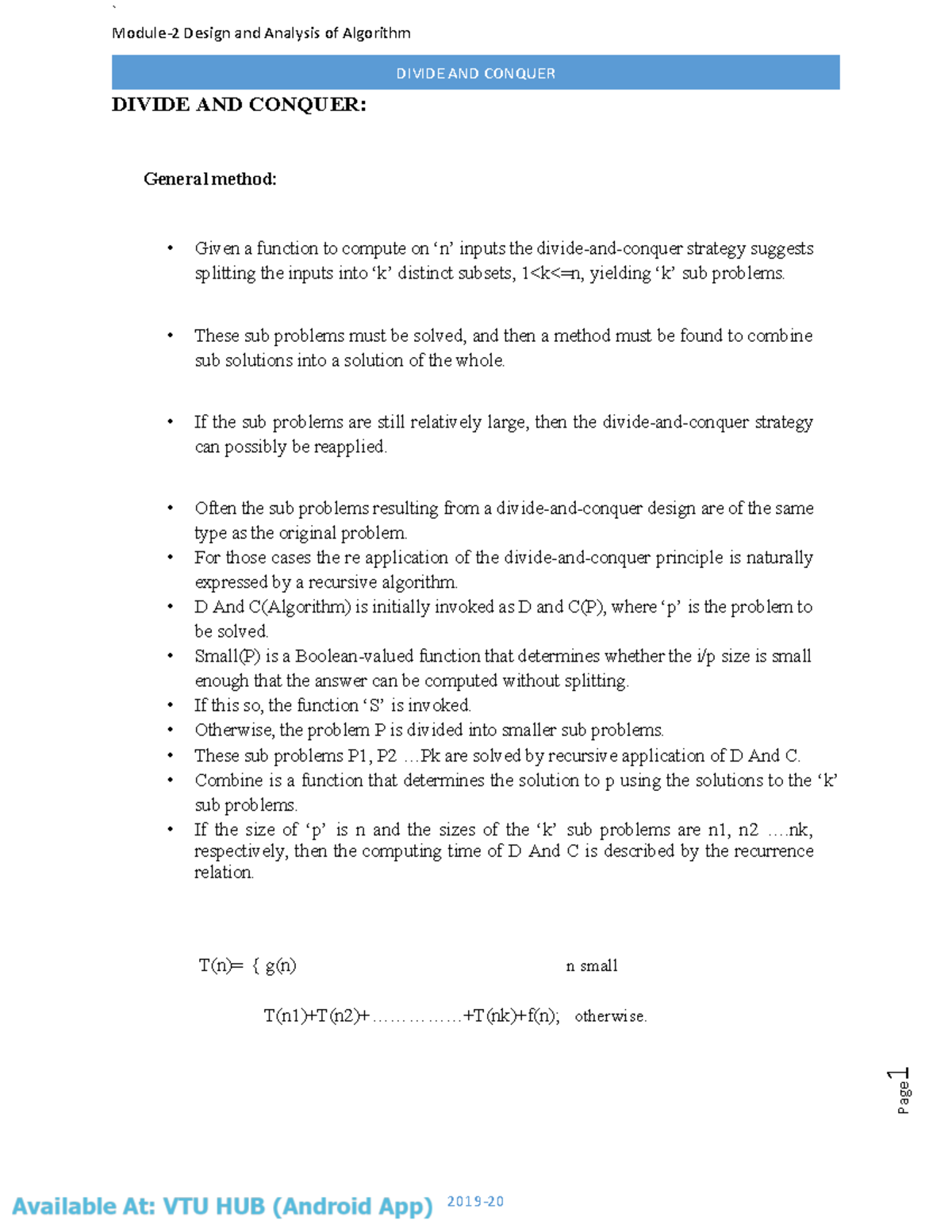 348 1696420419302 - Module-2 Design and Analysis of Algorithm DIVIDE AND CONQUER Page 1 DIVIDE ...