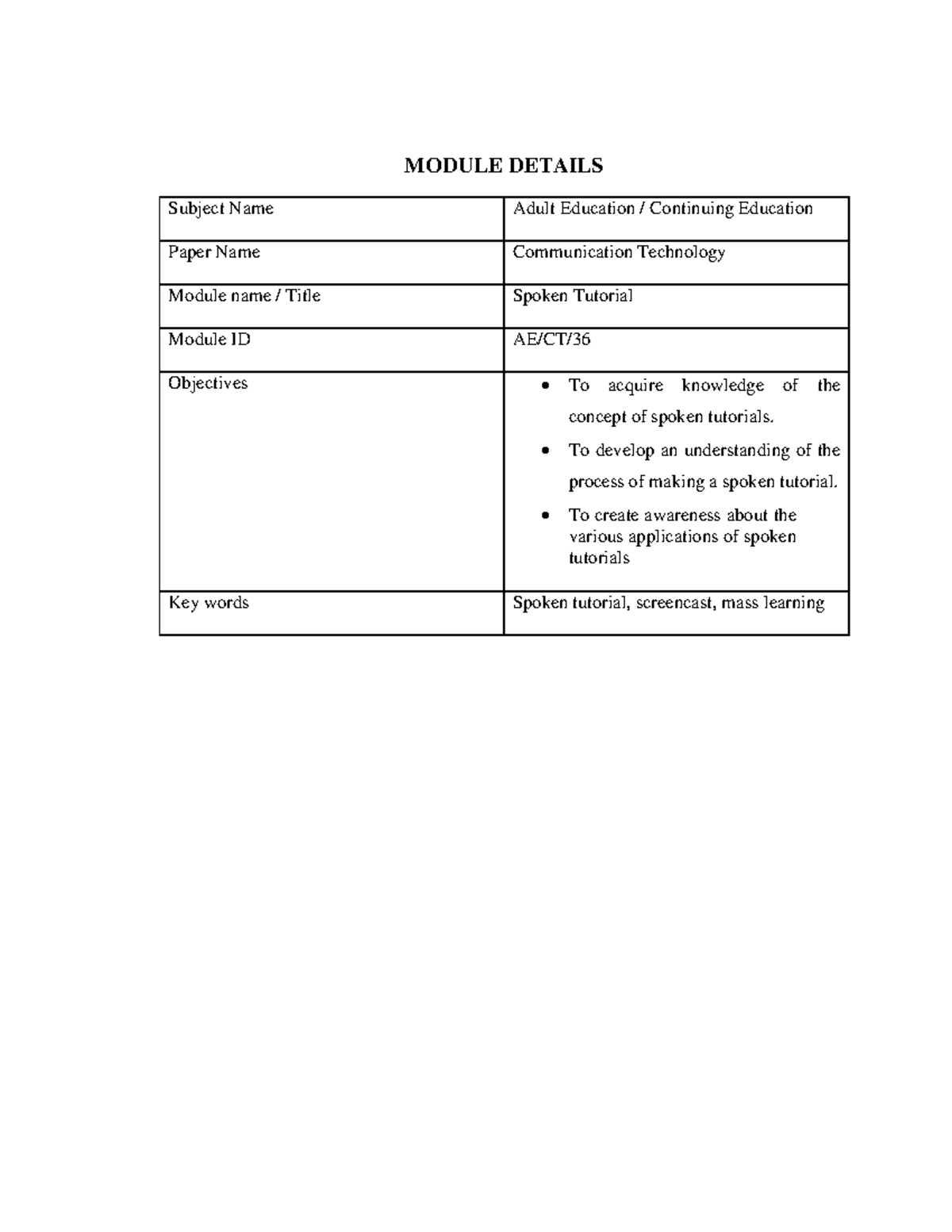 Spoken Tutorial - MODULE DETAILS Subject Name Adult Education ...