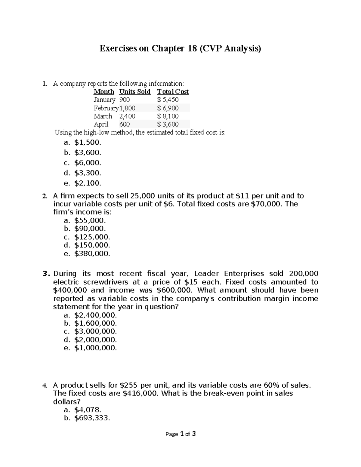 Exercises on Chapter 18 (CVPAnalysis) Qs - Exercises on Chapter 18 (CVP ...