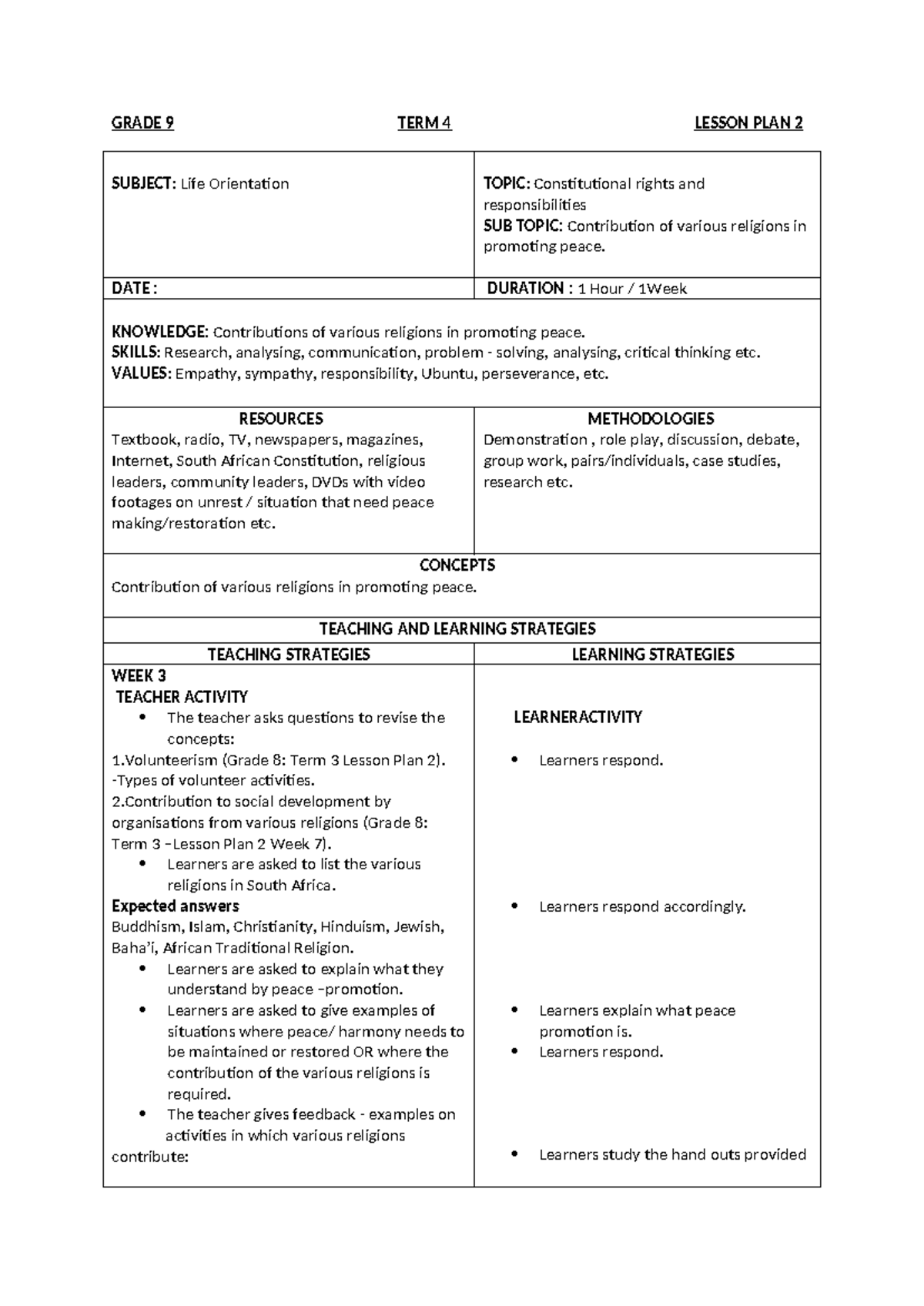 Grade 9 Term 4 Lesson Plan 2 - GRADE 9 TERM 4 LESSON PLAN 2 SUBJECT ...