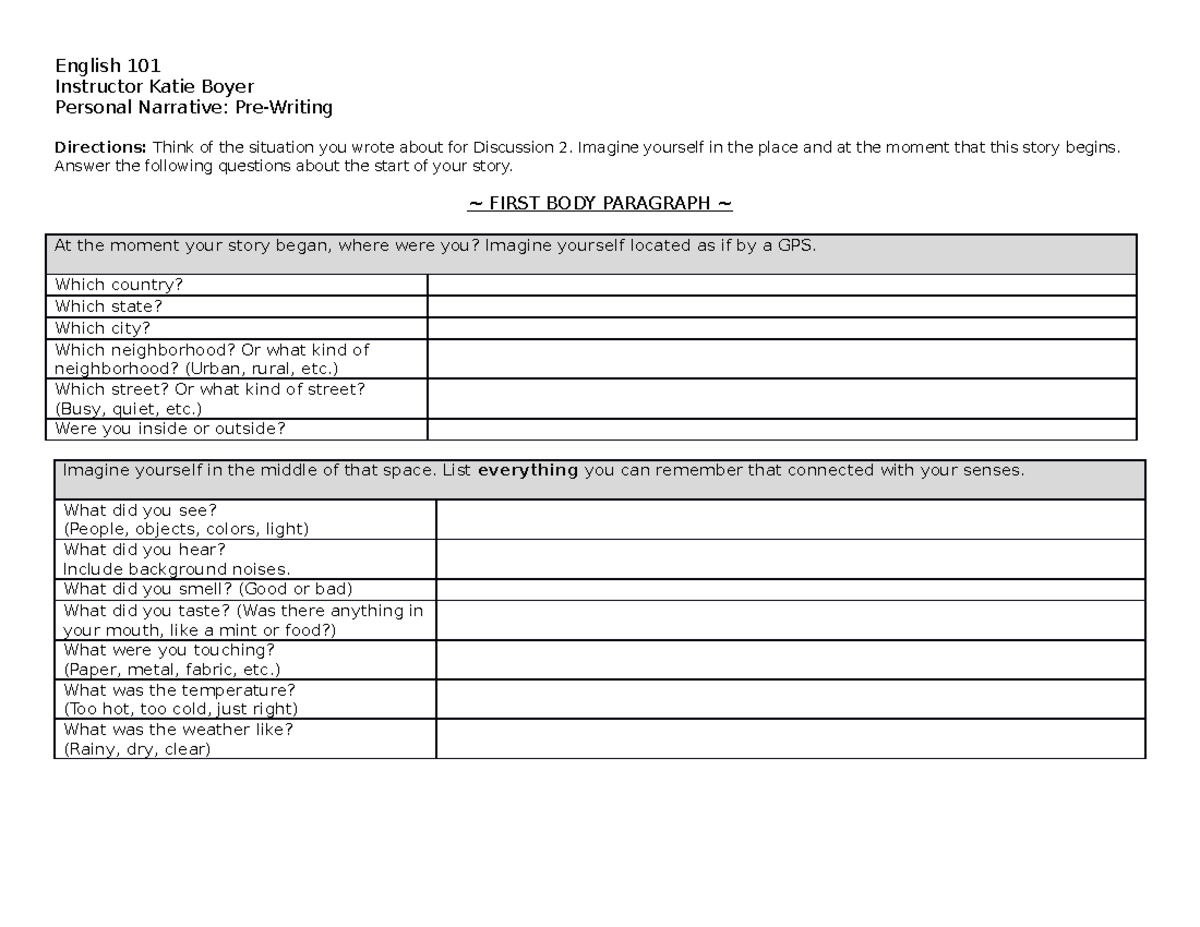 Narrative Pre-Writing - Fillable - Sp 22 - English 101 Instructor Katie ...