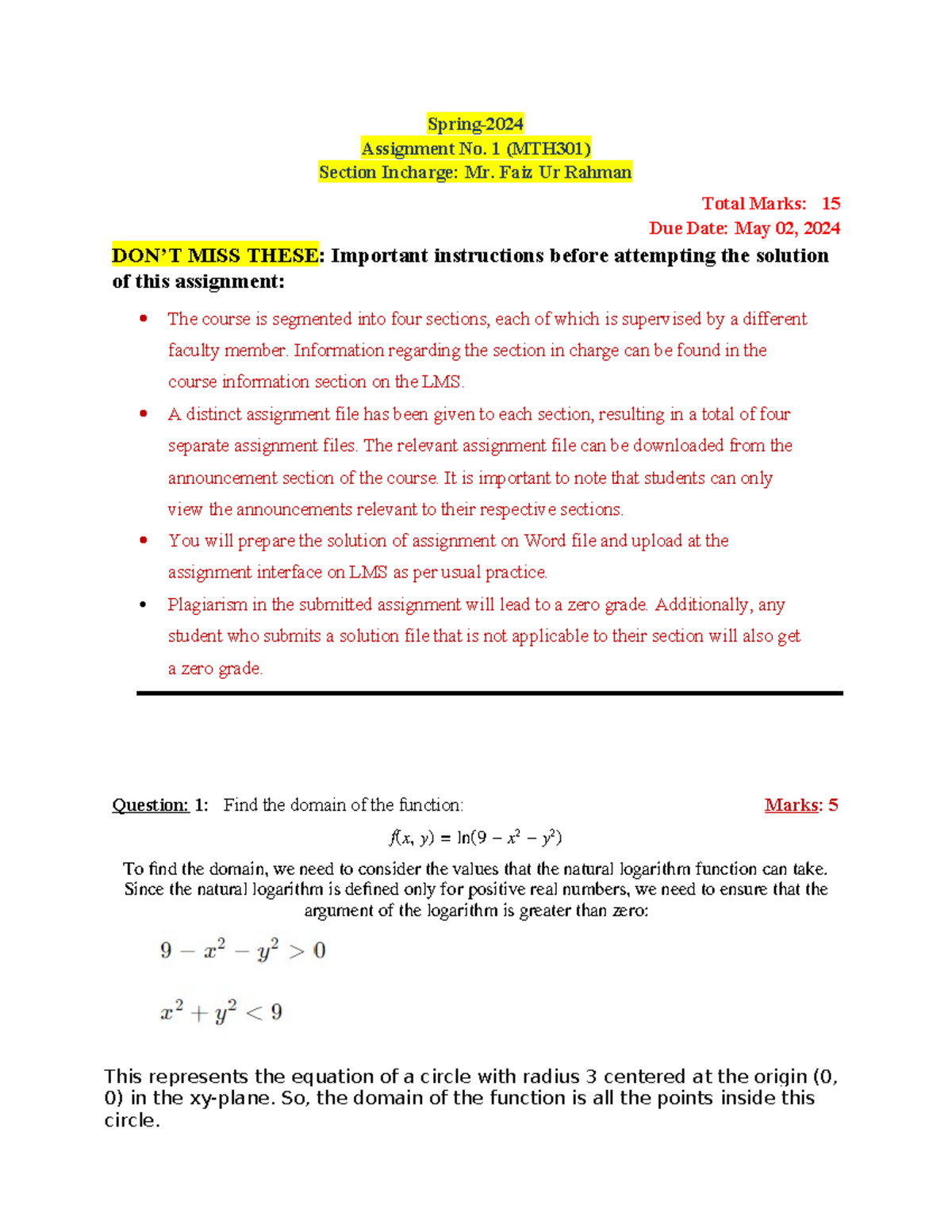 Assignment 1 (MTH301)-Faiz Ur Rahman - Spring- Assignment No. 1 (MTH301) Section Incharge: Mr ...