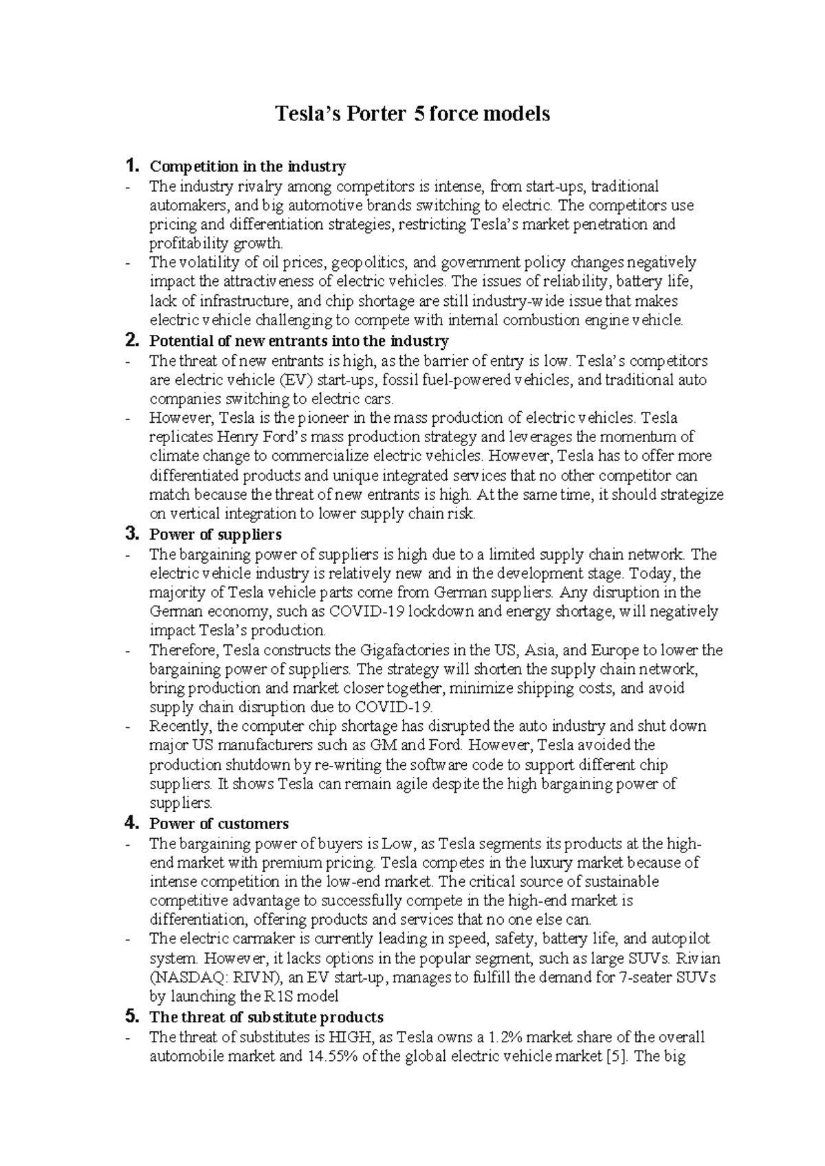 Tesla’s Porter 5 force models - Competition in the industry - The ...