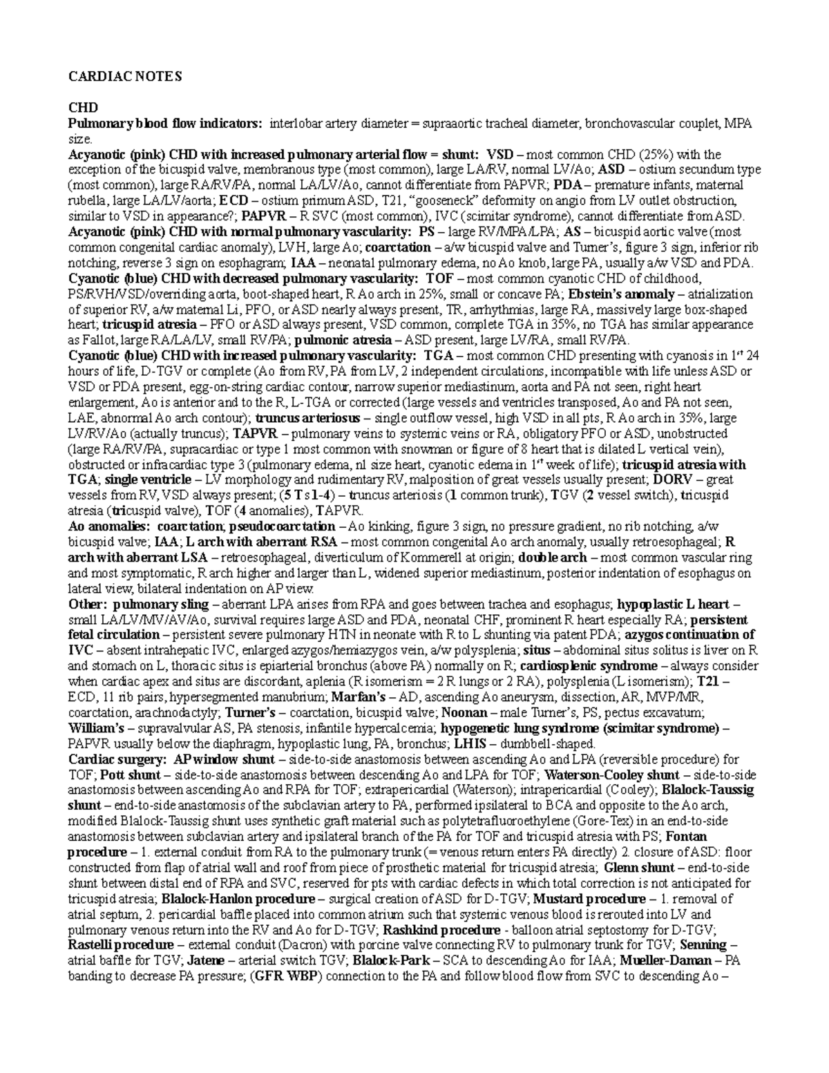 Cardiac Notes - CARDIAC NOTES CHD Pulmonary blood flow indicators ...