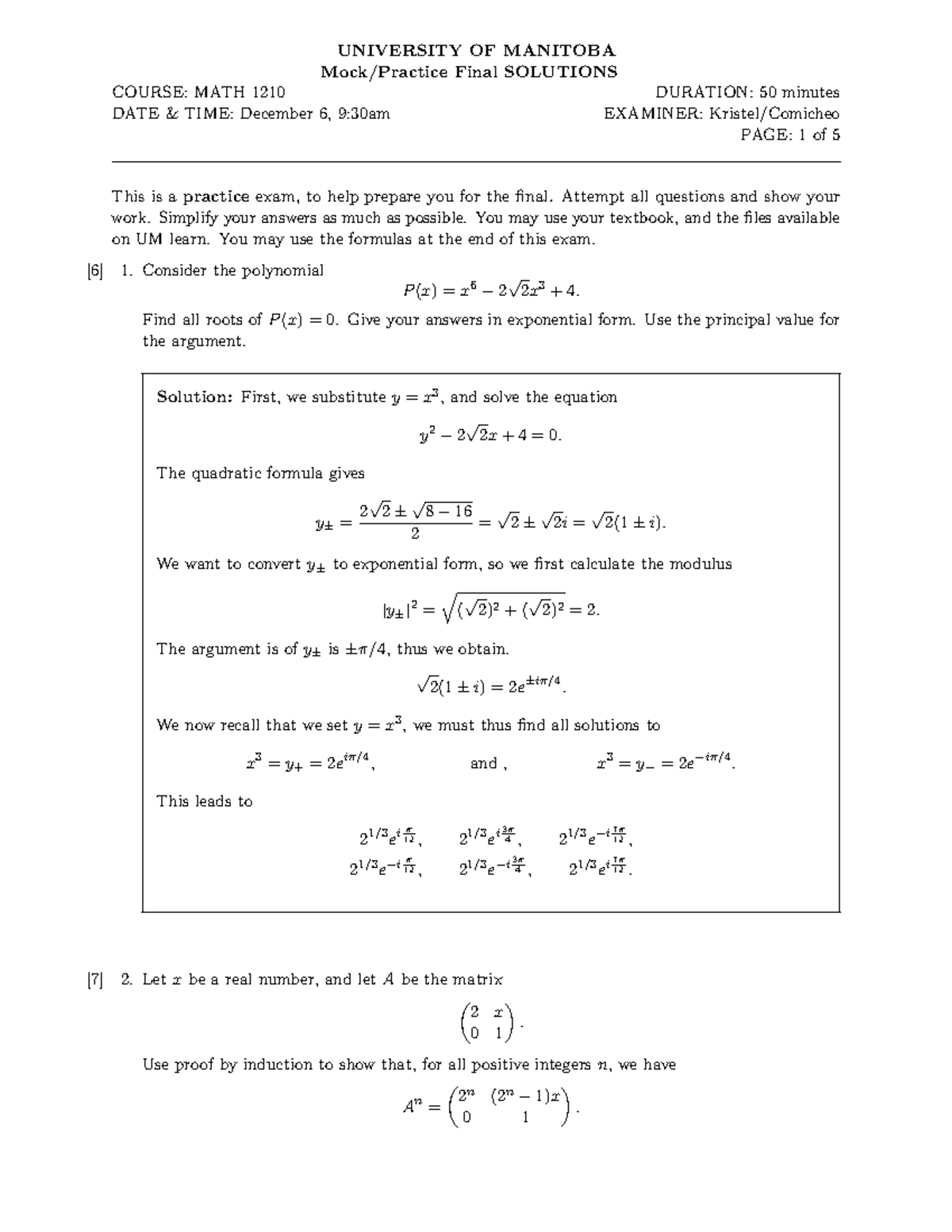 F21practice Exam Solns - COURSE: MATH 1210 DATE & TIME: December 6, 9:30am Mock/Practice Final ...
