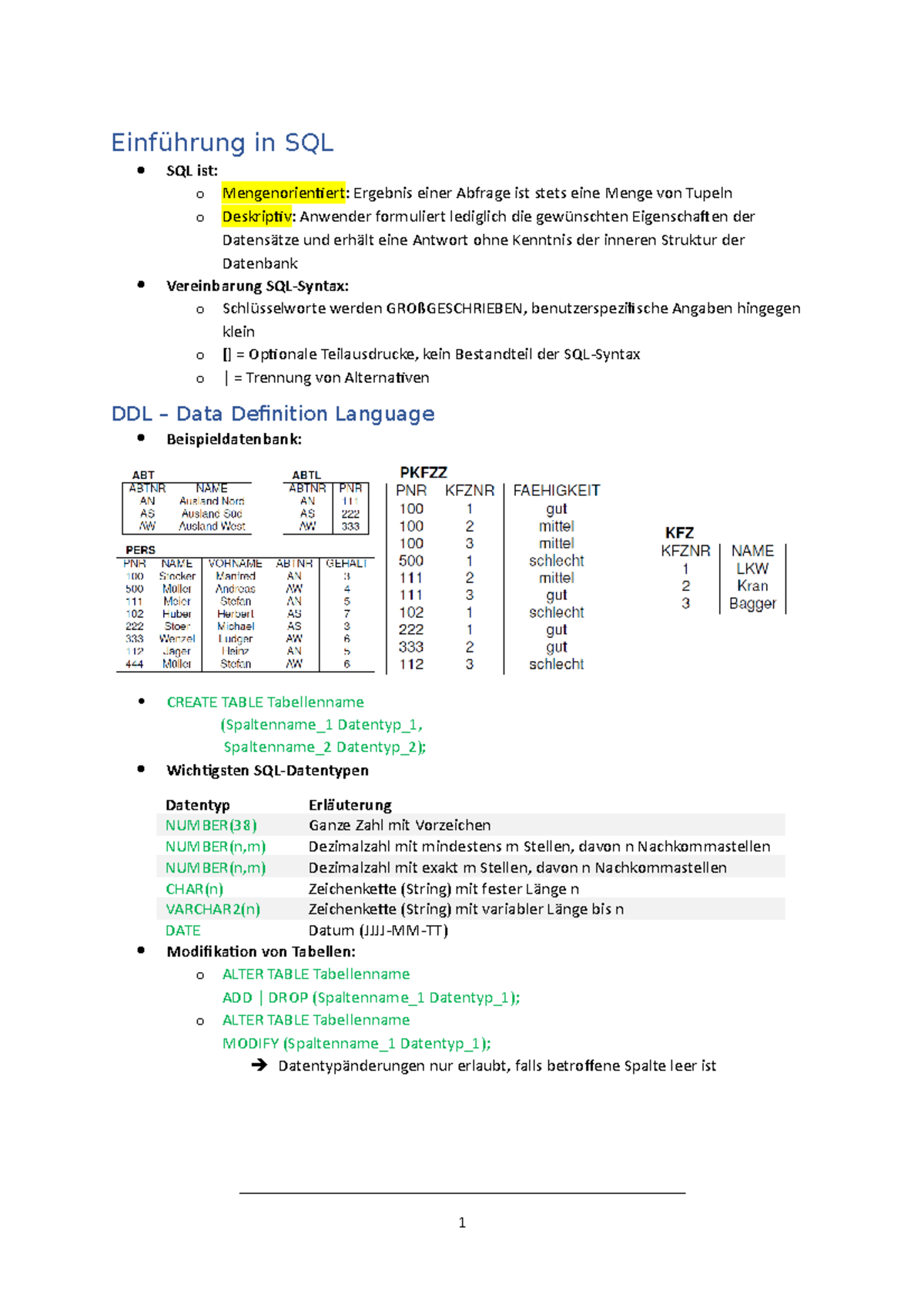 Zusammenfassung SQL - Prof. Schwenkert - Einführung in SQL SQL ist: o Mengenorientiert: Ergebnis ...