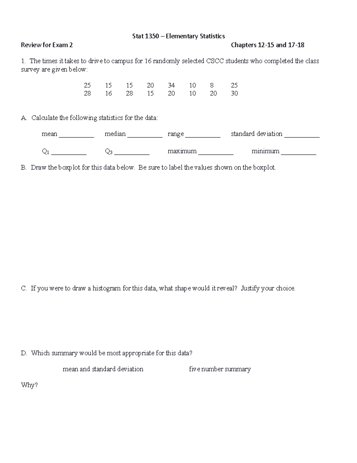Stat 1350 Exam 2 Review AU22 - Stat 1350 – Elementary Statistics Review for Exam 2 Chapters 12 ...