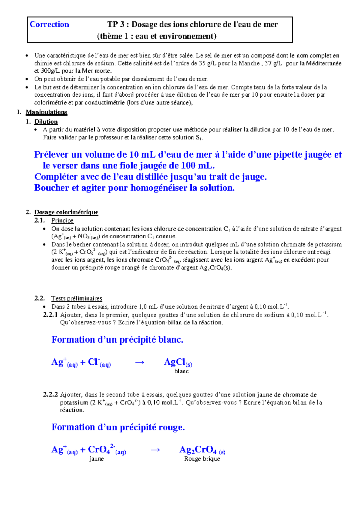Correction TP3 Dosage ions chlorure - Correction TP 3 : Dosage des ions chlorure de l'eau de mer ...