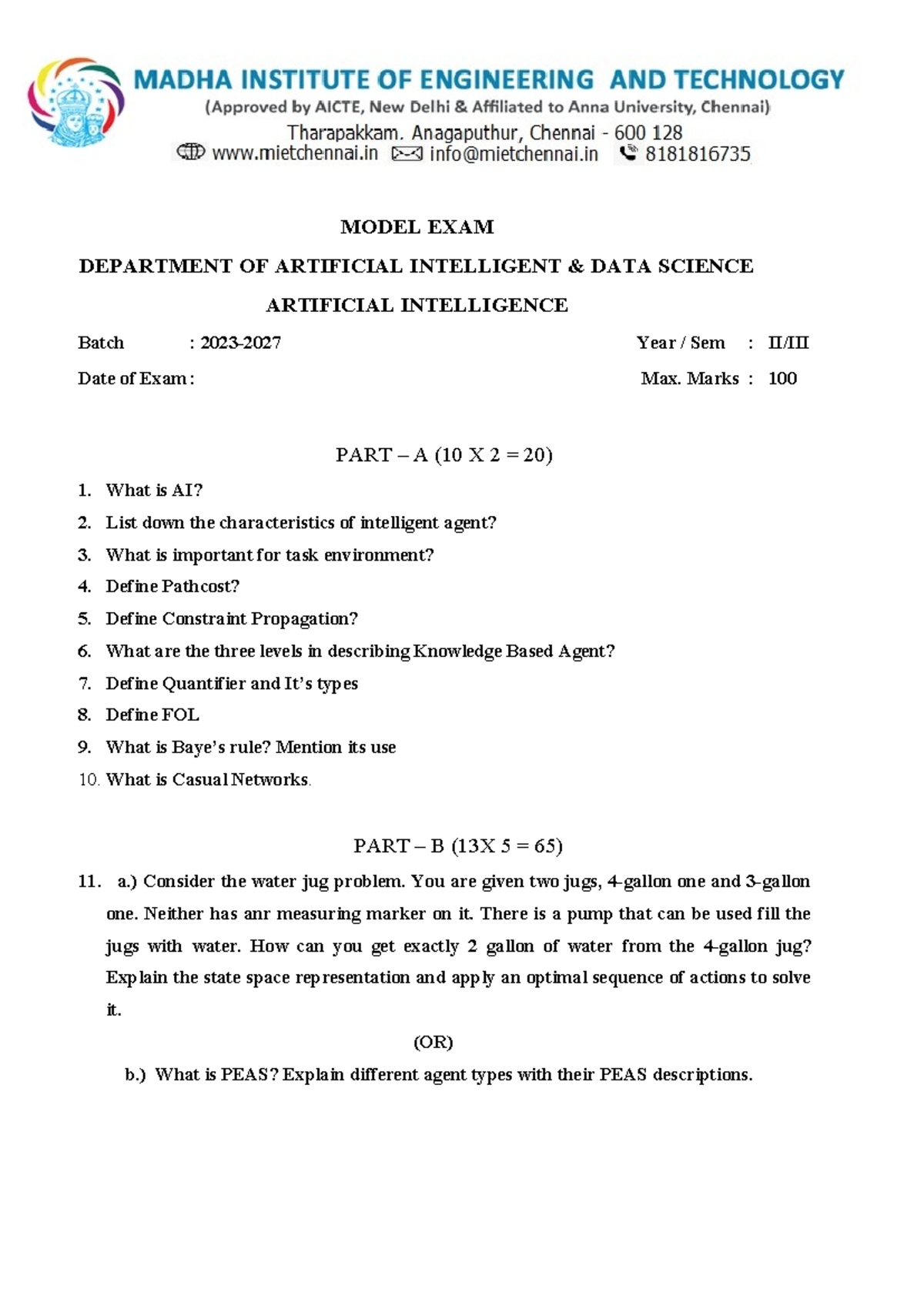 Model Question Paper - ghhb - MODEL EXAM DEPARTMENT OF ARTIFICIAL ...