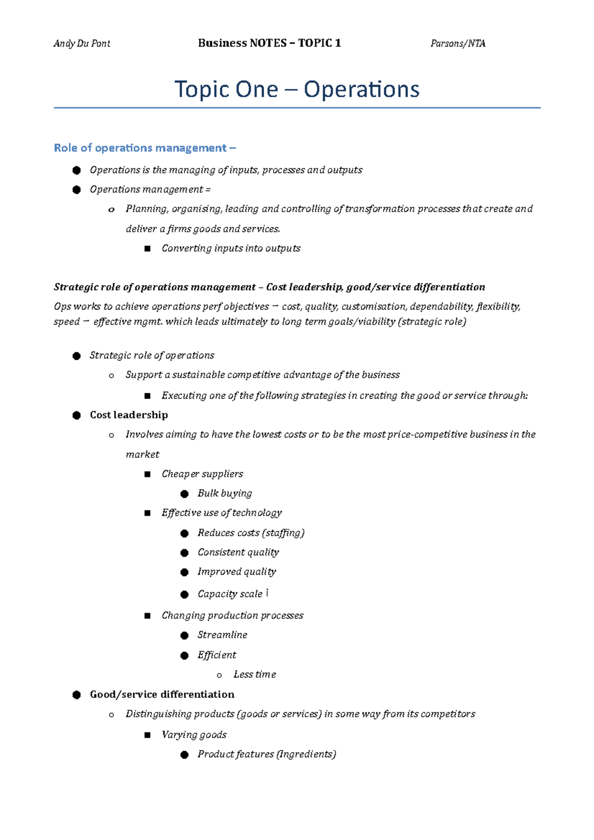 Detailed Operations Notes for Topic One - Topic One – Operations Role ...