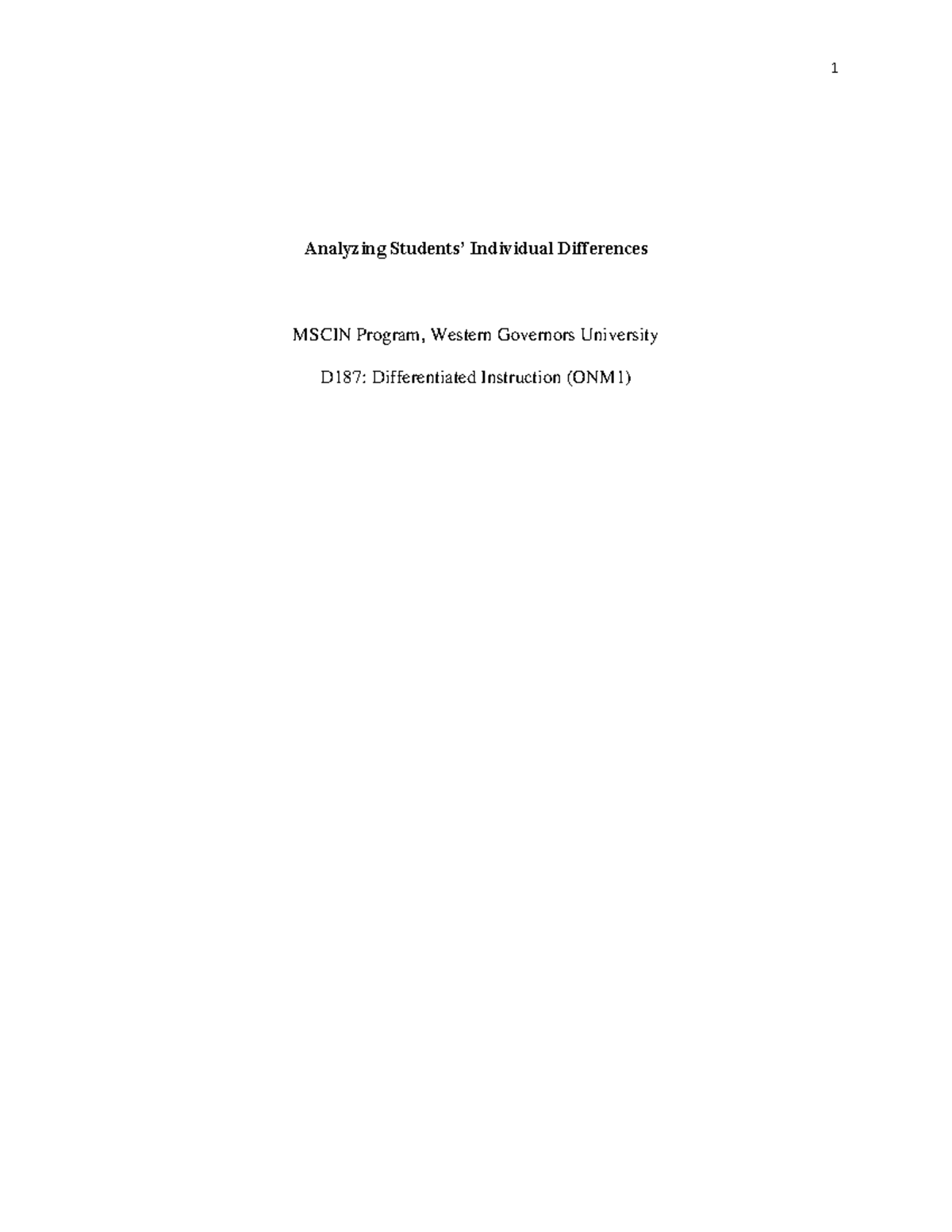 D187 Task 2 - Passed - Analyzing Students’ Individual Differences MSCIN ...