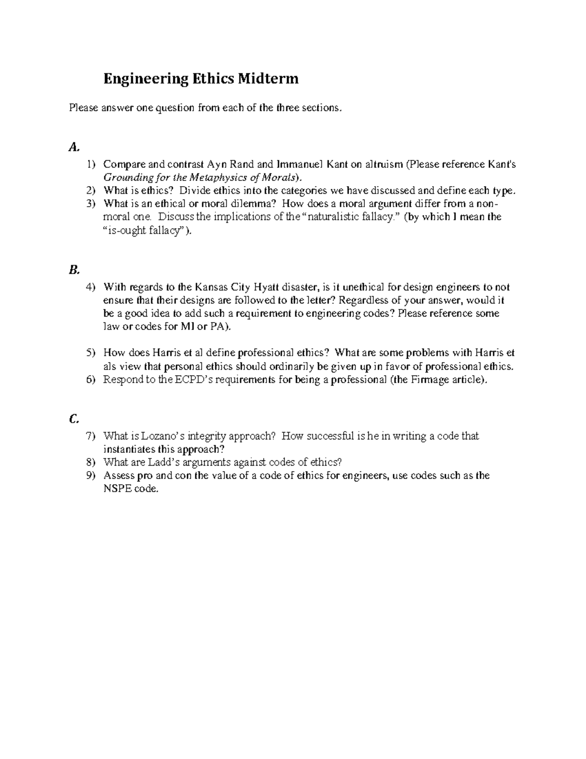 EE midterm - Engineering Ethics Midterm Please answer one question from ...