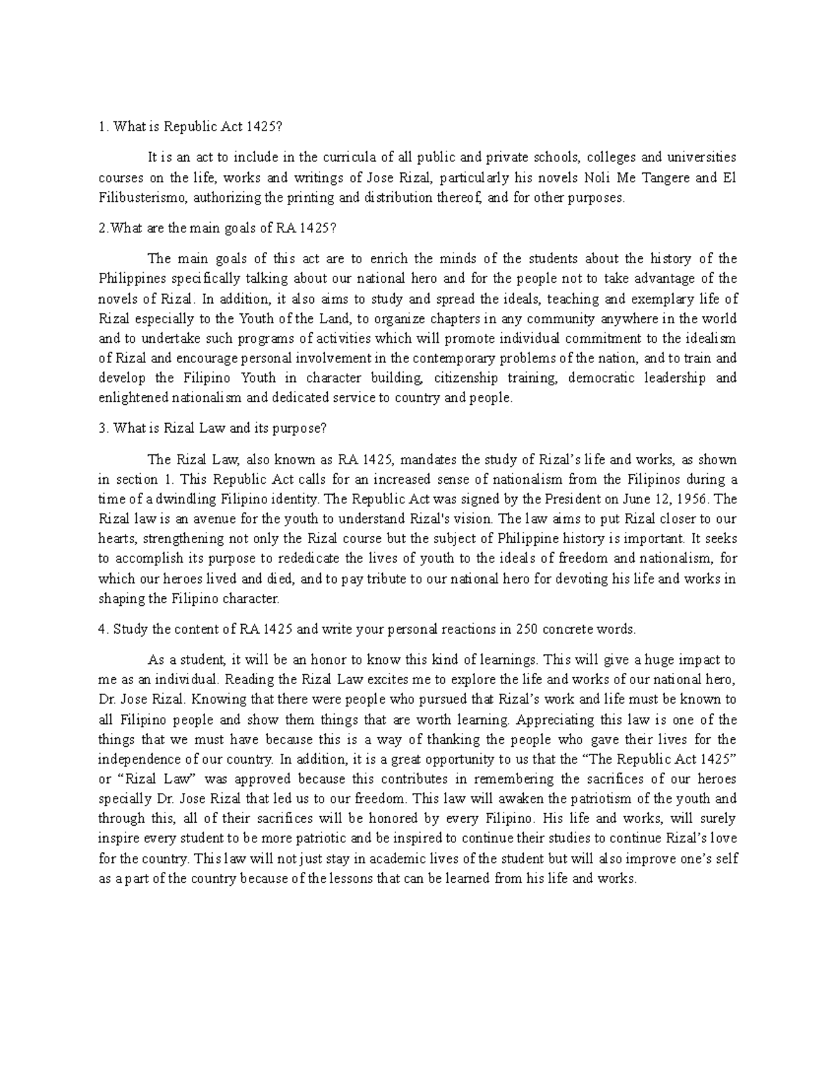 Activity For Rizal Law Or RA 1425 What Is Republic Act 1425 It Is An