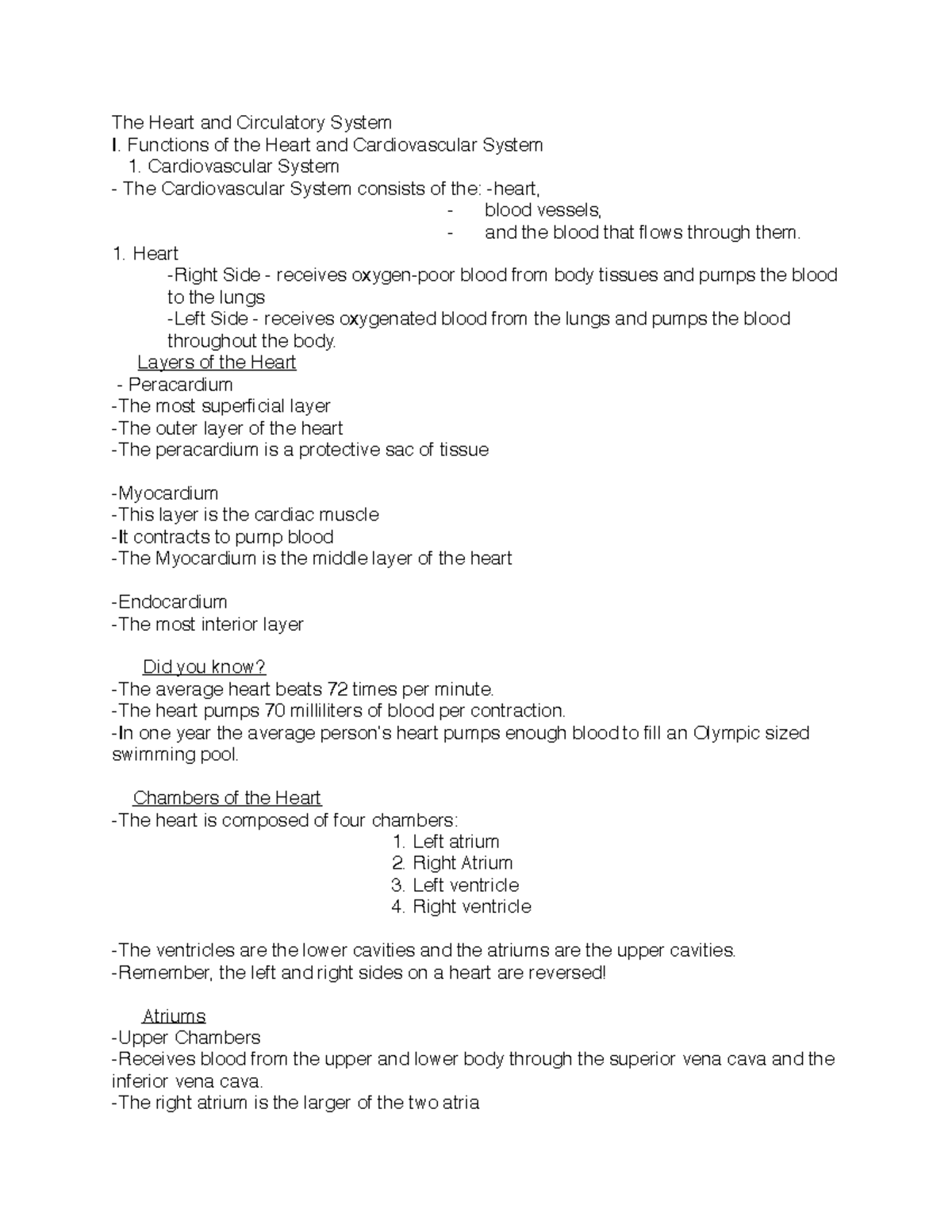 Heart Test - The Heart and Circulatory System I. Functions of the Heart ...