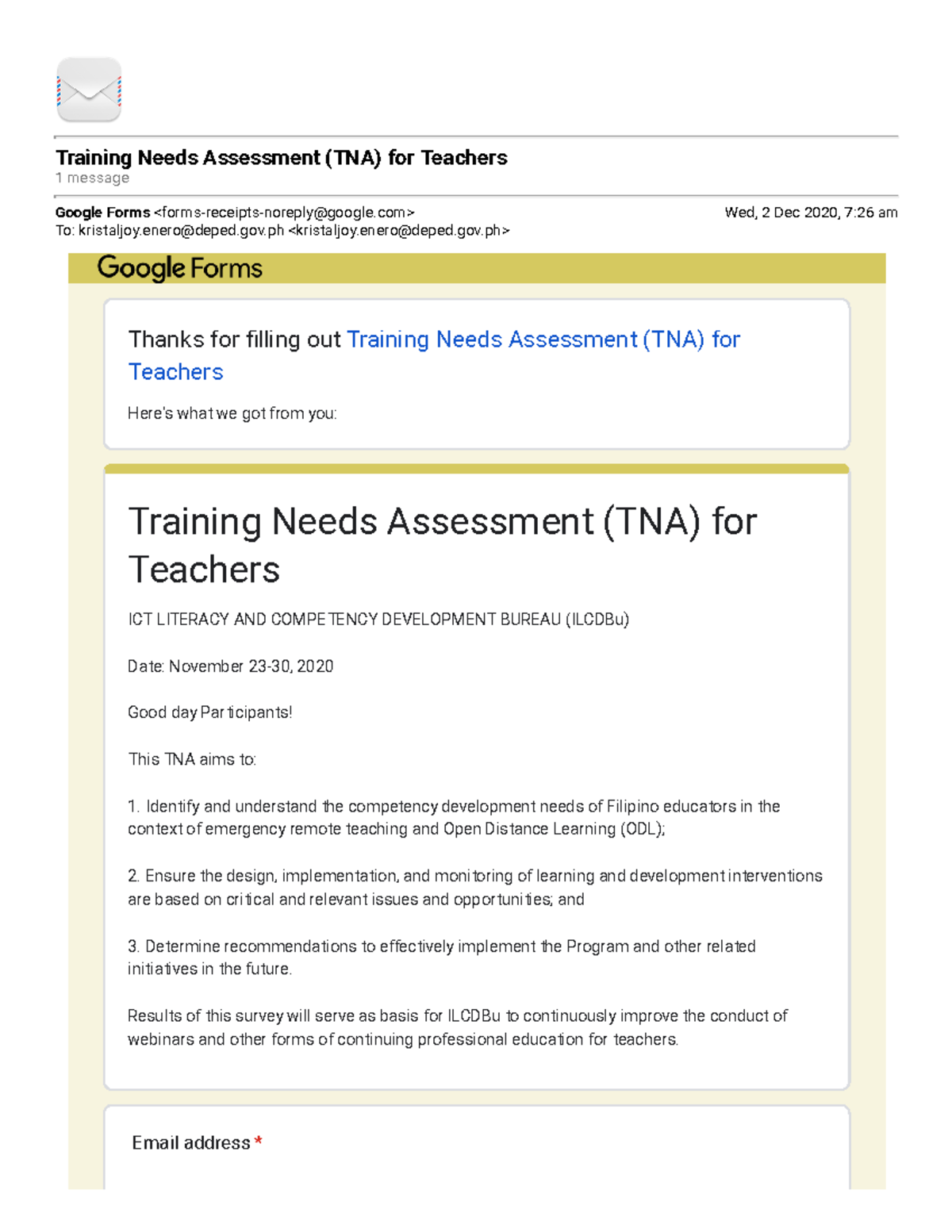 Unified Email - Training Needs Assessment (TNA) for Teachers - Training ...