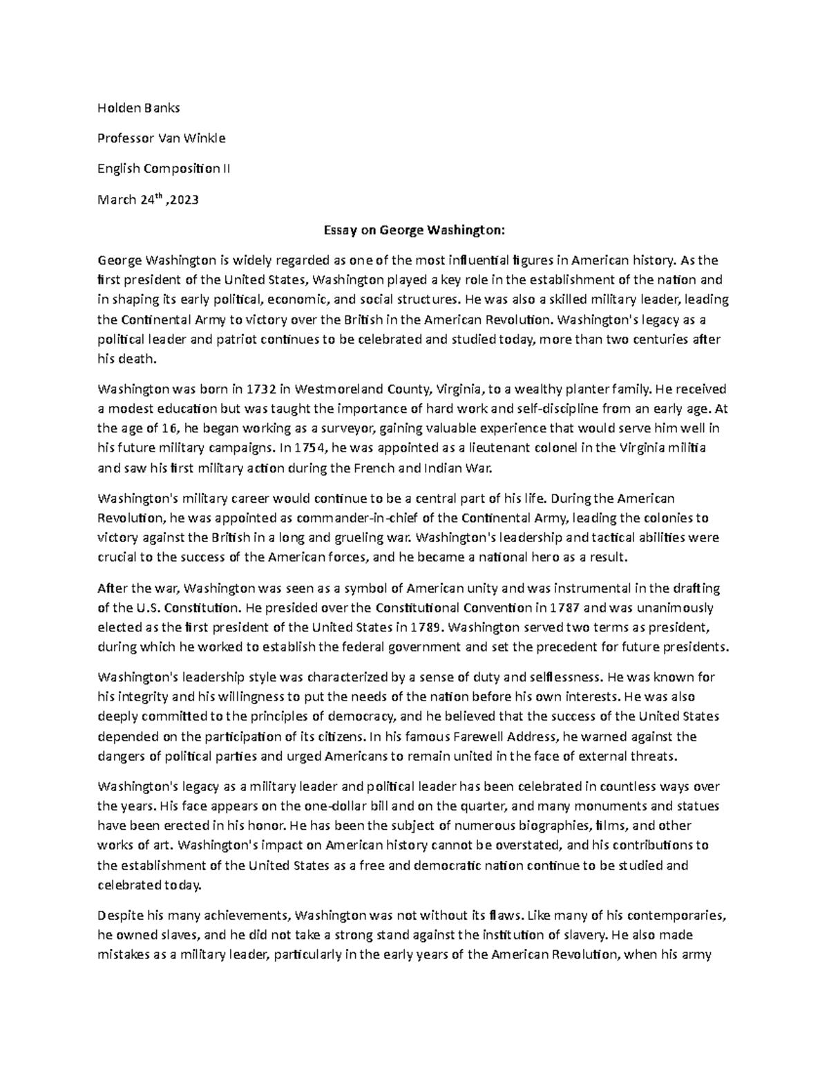 Document 45 Essay on George Washington - Holden Banks Professor Van ...