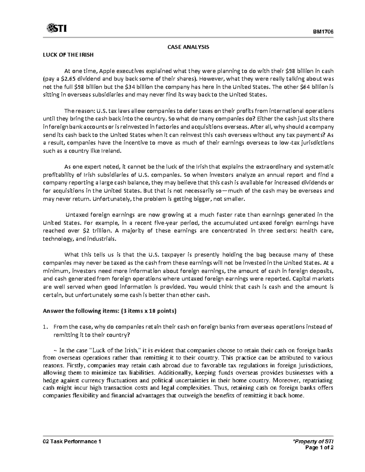Ia 02 Task Performance 16 1 Bm 02 Task Performance 1 Property Of Sti