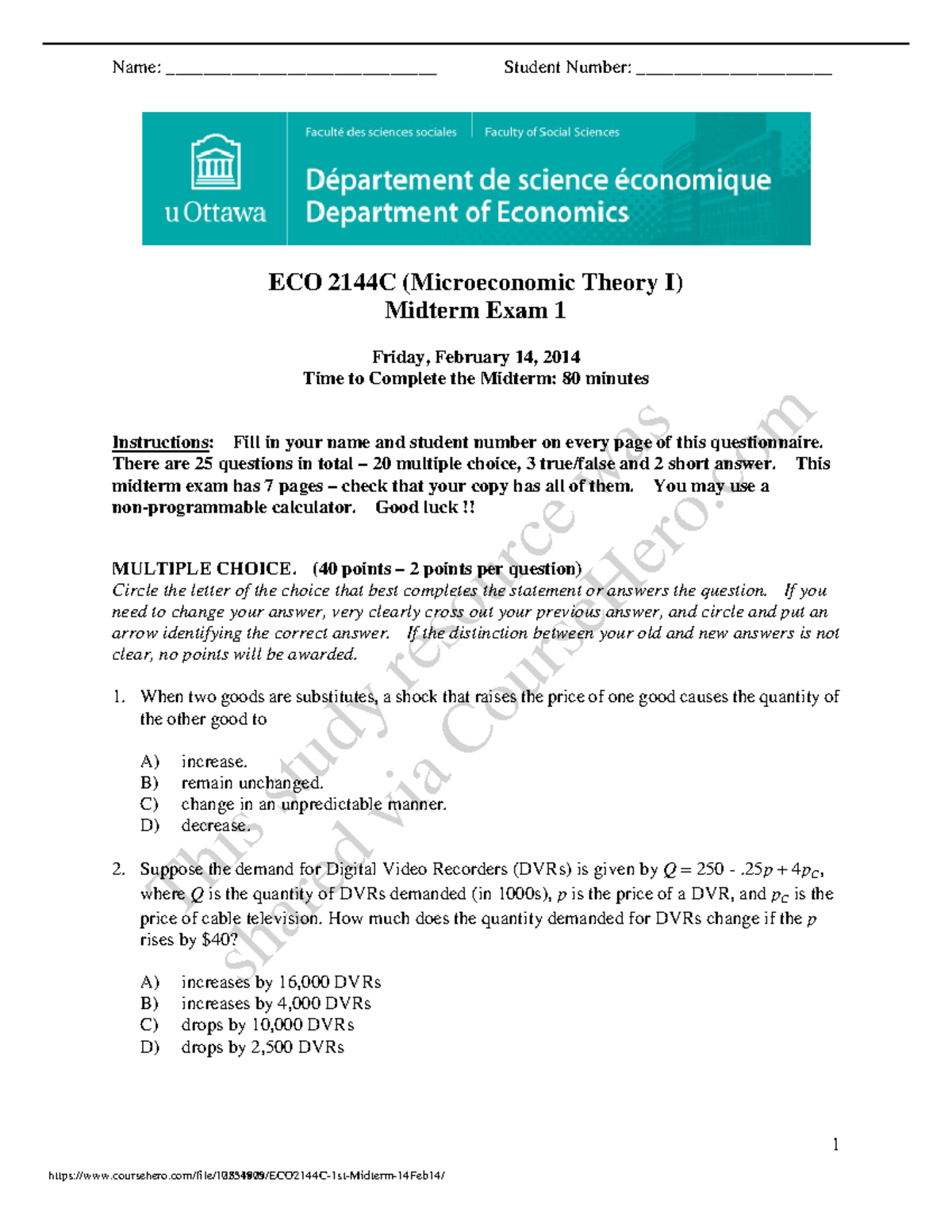 ECO2144 1st Midterm Winter 2014 - 1 ECO 2144C (Microeconomic Theory I ...