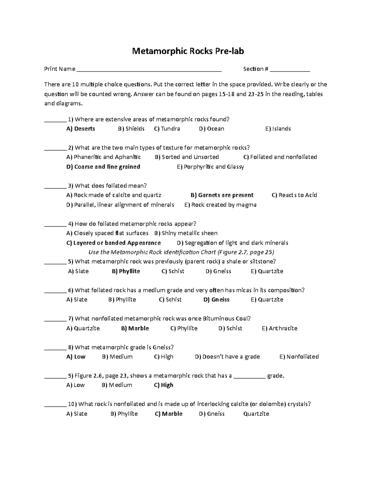 Metamorphic Rocks - Quiz - Metamorphic Rocks Pre-lab Print Name Section ...