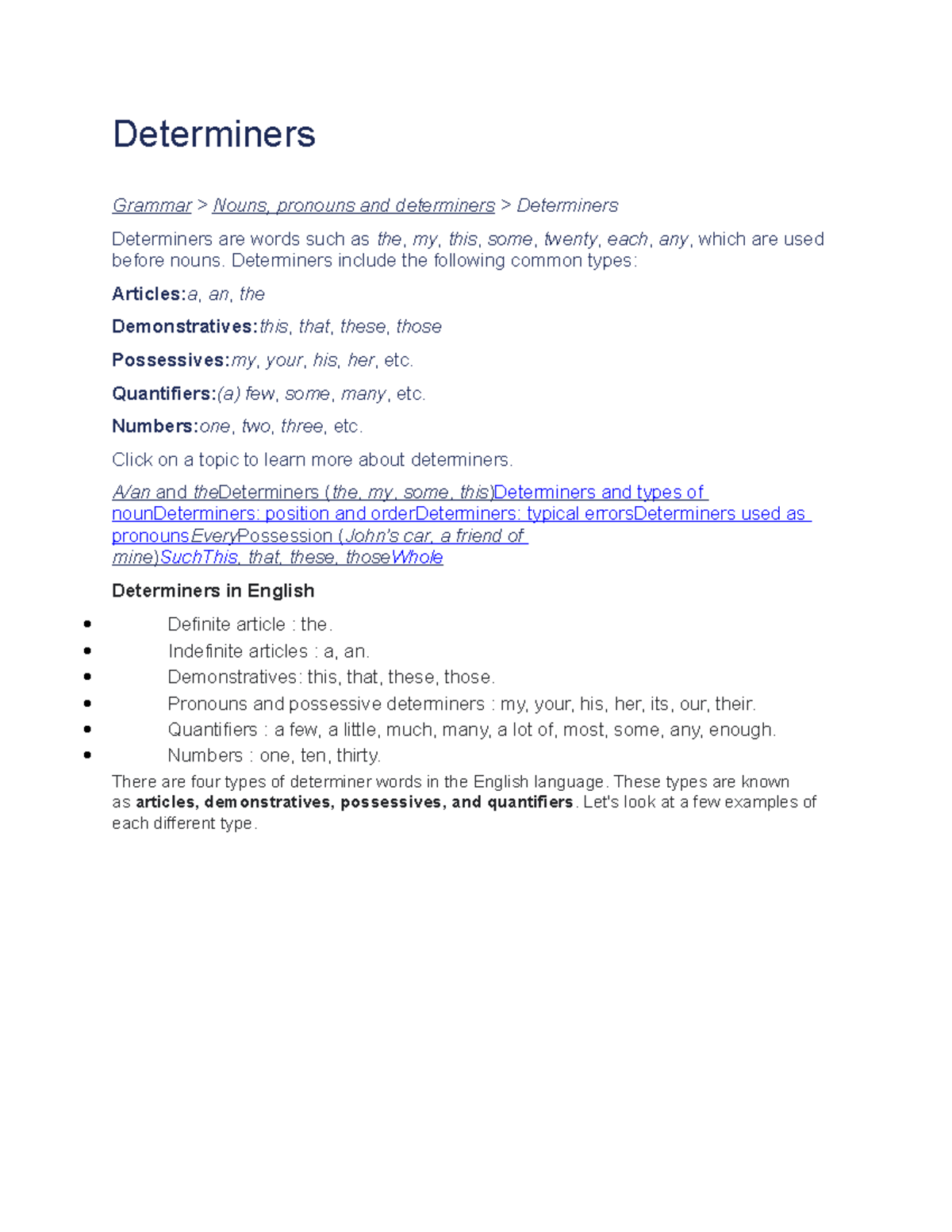 Determiners - Lecture notes 2. 3-7 12 - Determiners Grammar > Nouns ...