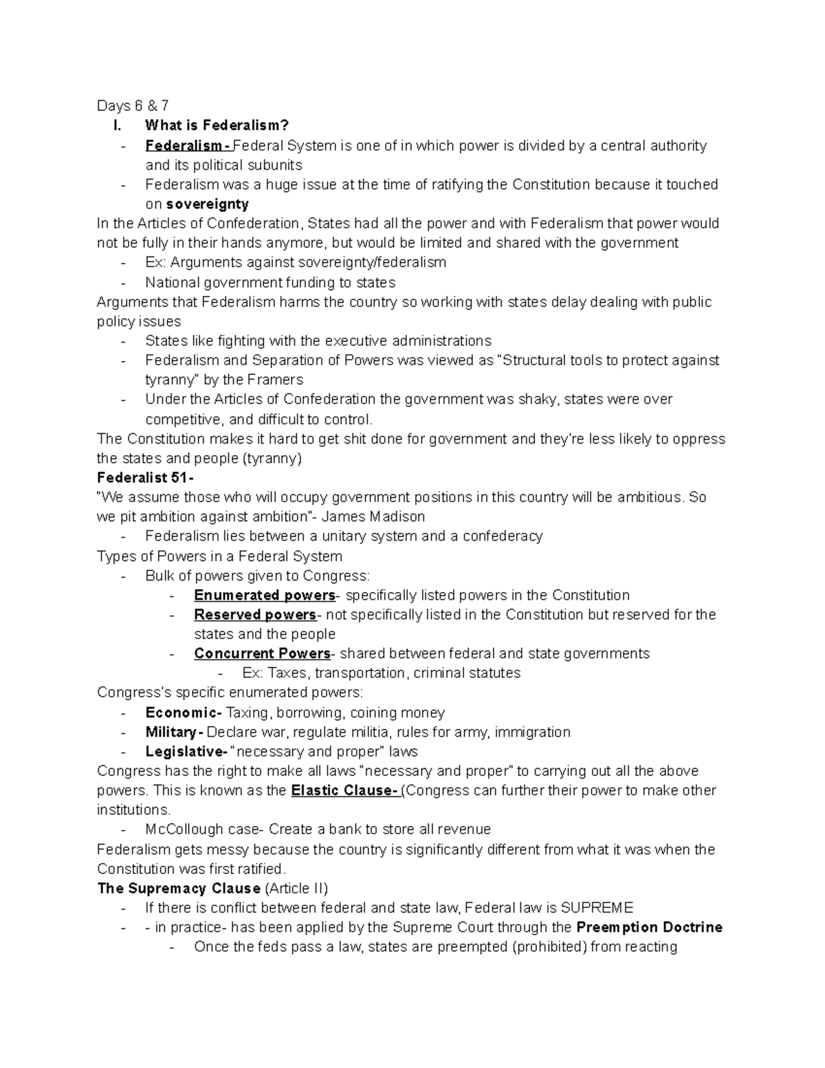 Days 6 & 7 - Lecture notes 6-7 - Days 6 & 7 I. What is Federalism ...