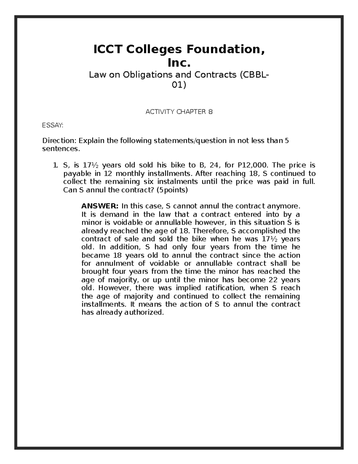 CBBL01 - 1 - Assignment, Essay type with computation - ICCT Colleges Foundation, Inc. Law on ...