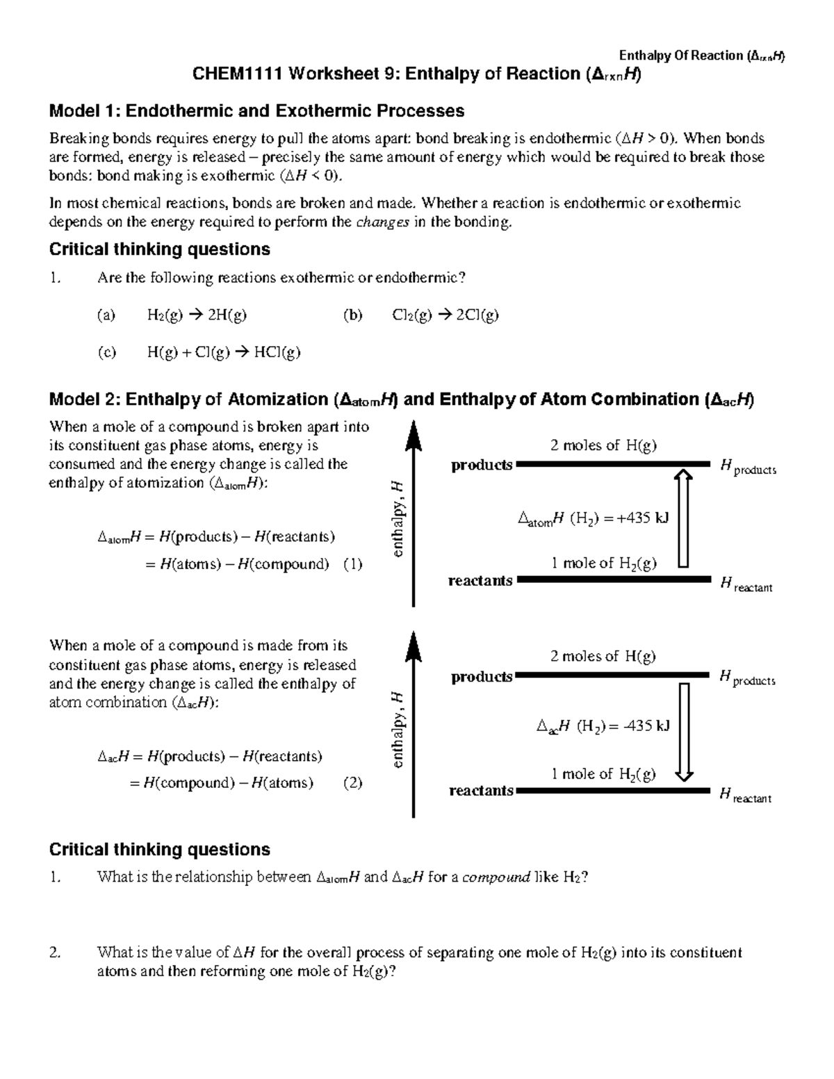 Chem1111Tutorial 09-1 - CHEM1111 Worksheet 9: Enthalpy of Reaction ...