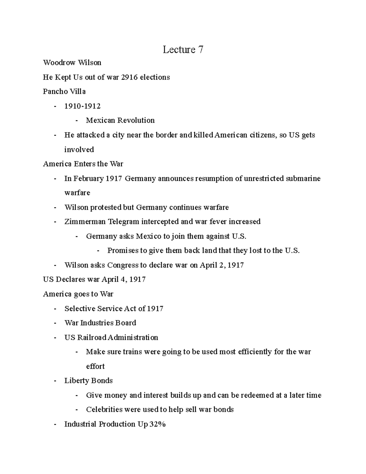 Lecture 7 - Dr. Epple - Lecture 7 Woodrow Wilson He Kept Us out of war ...