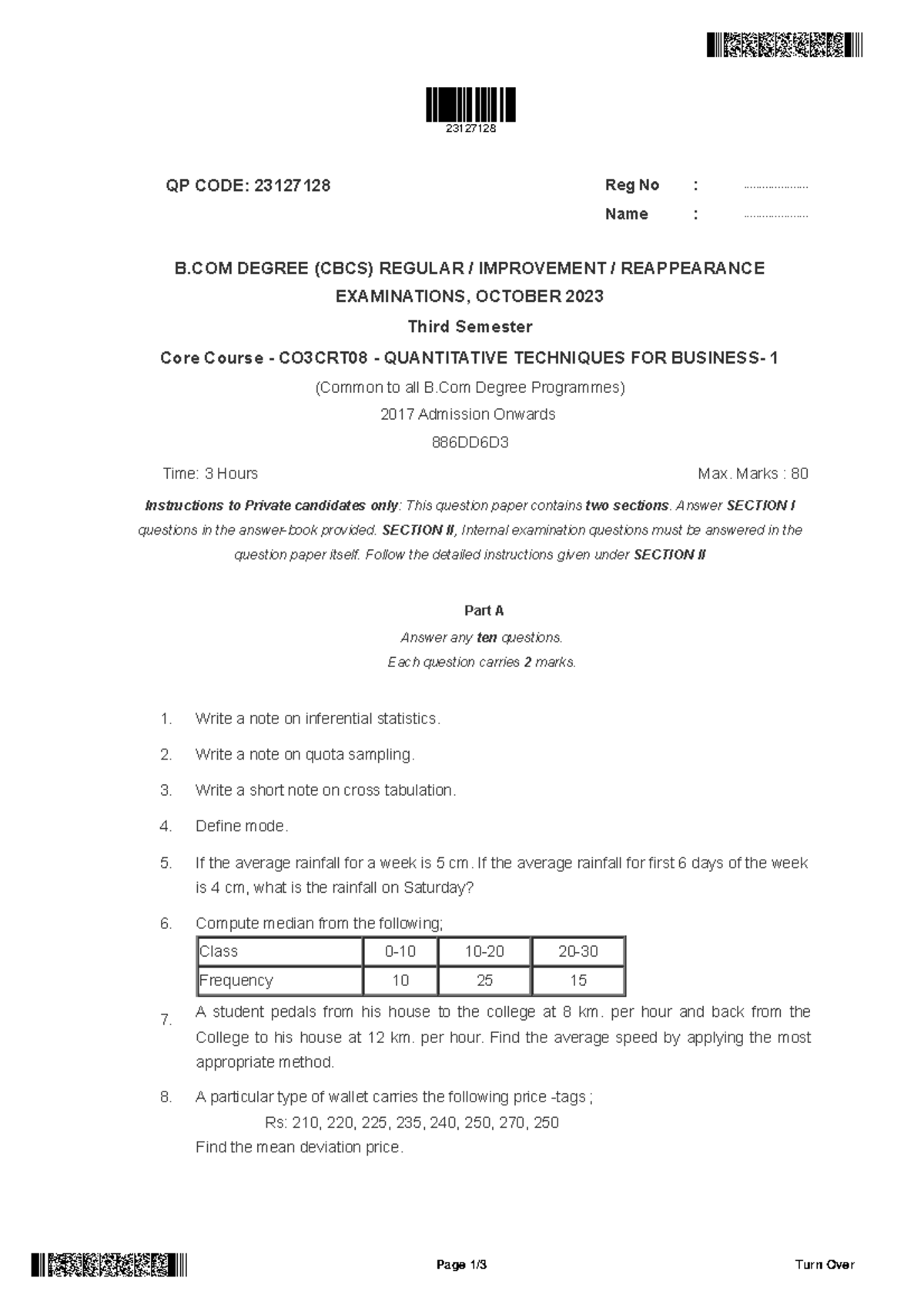 23127128 - Question paper - QP CODE: 23127128 Reg No : ..................... Name : - Studocu