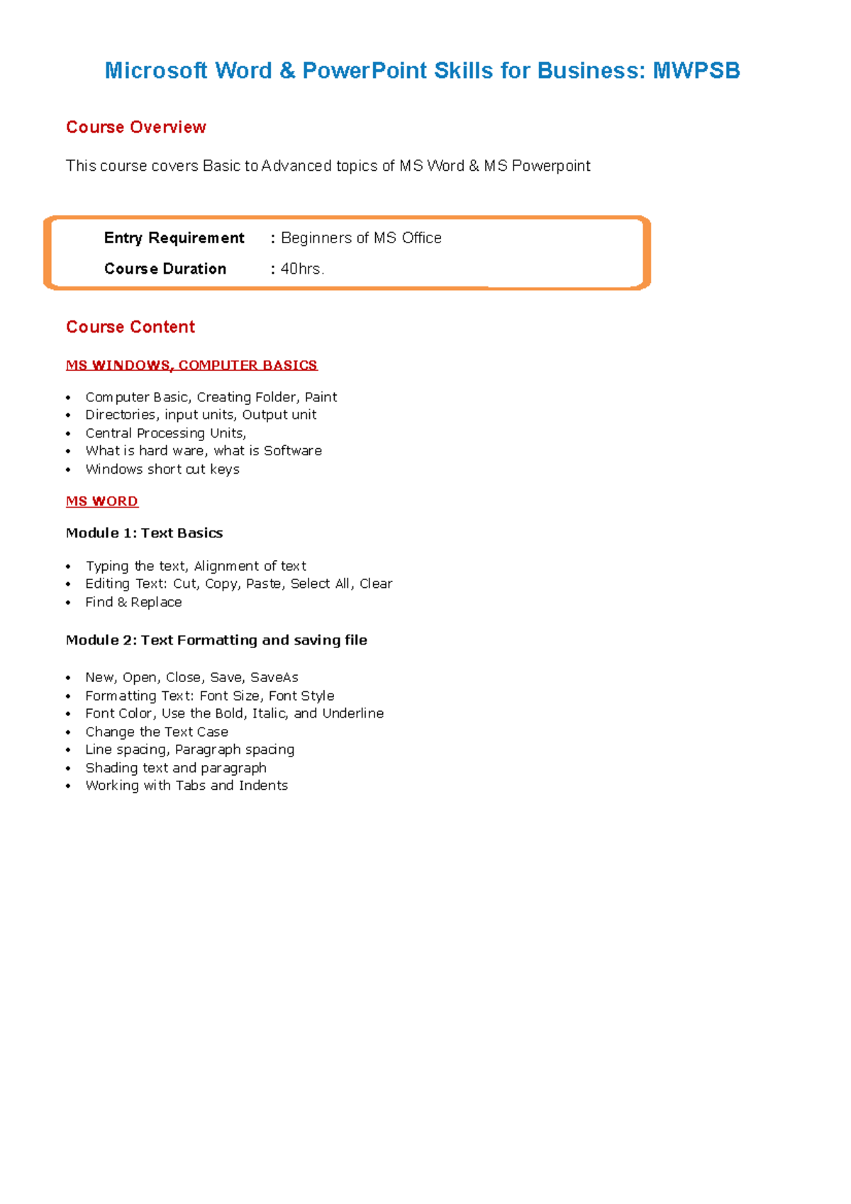 Ms Word Course Syllabus Microsoft Word And Powerpoint Skills For Business Mwpsb Course Overview