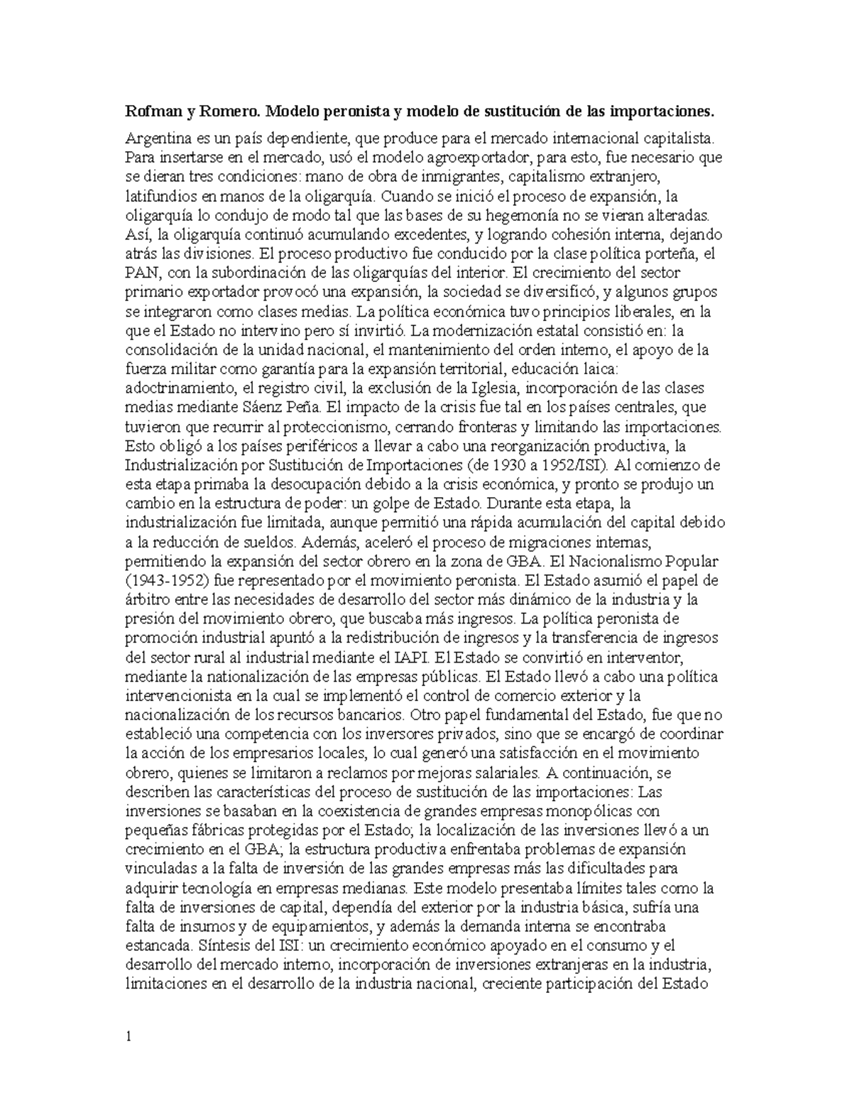 Ase 2do parcial - Rofman y Romero. Modelo peronista y modelo de ...