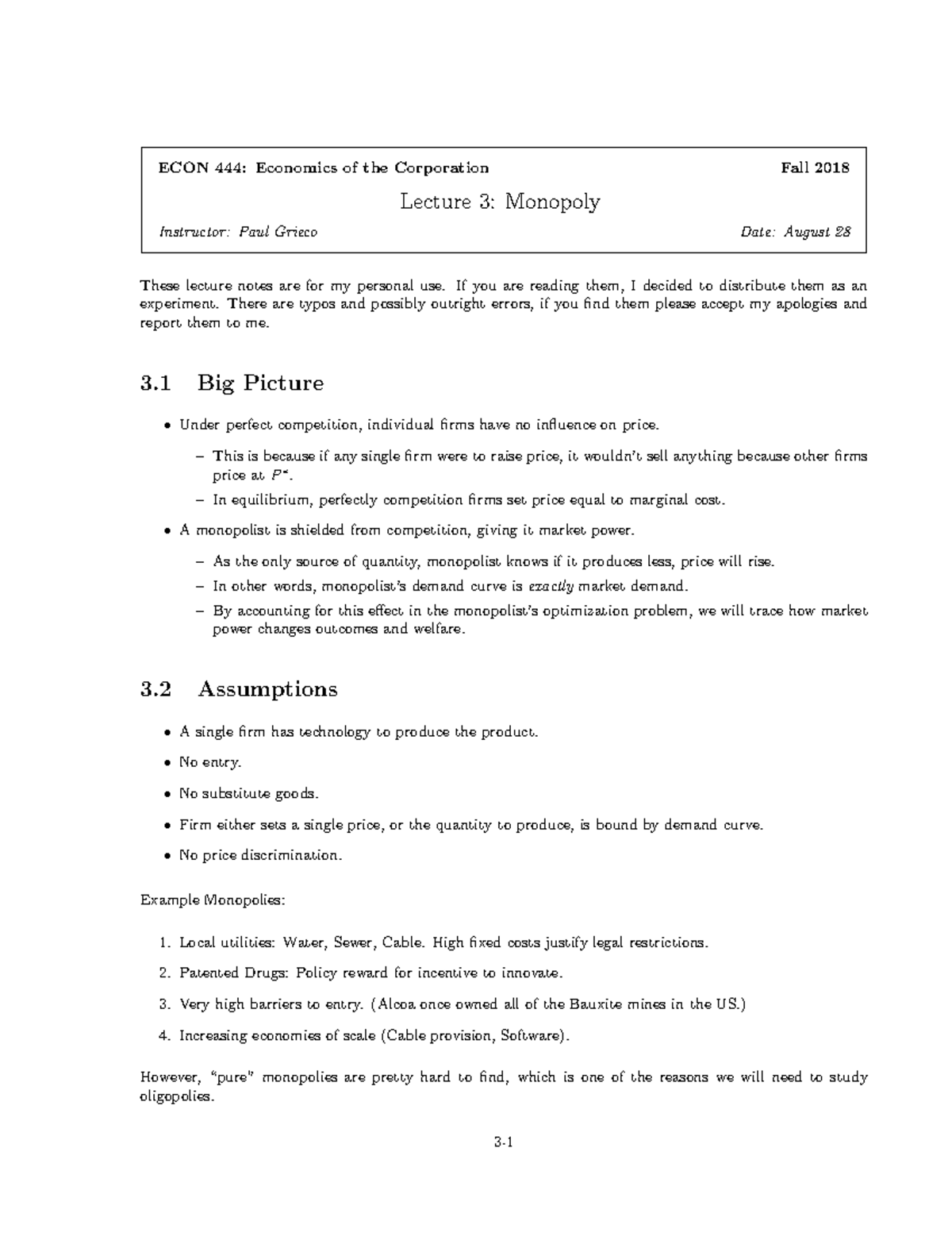3 Monopoly - Lecture notes 3 - ECON 444: Economics of the Corporation ...