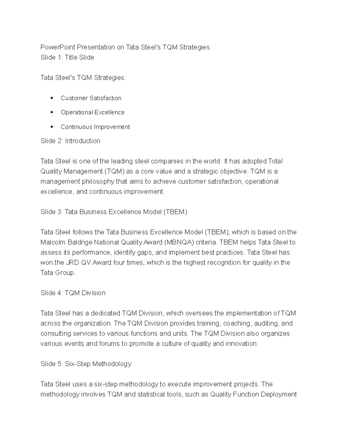 Tata tqm - PowerPoint Presentation on Tata Steel's TQM Strategies Slide ...