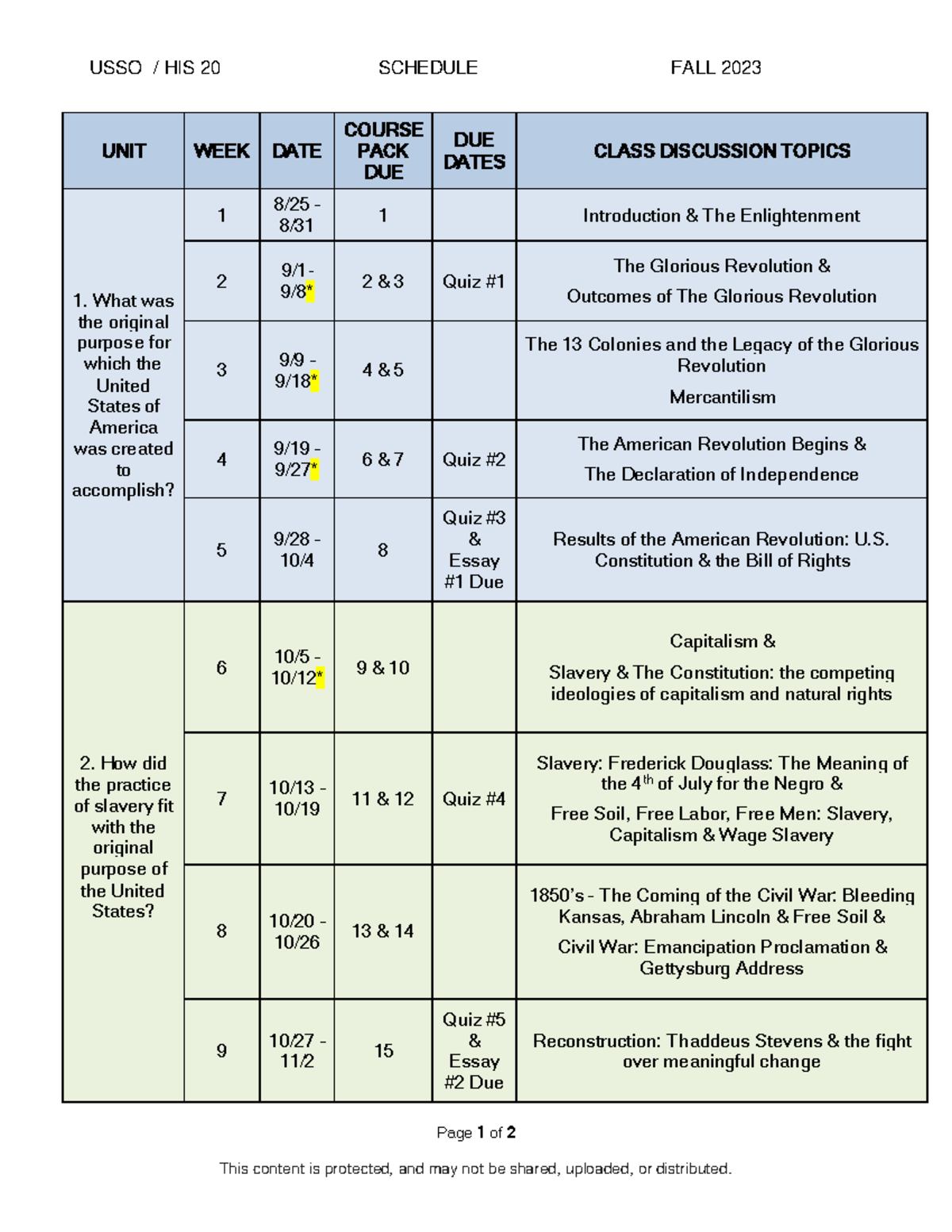 USSO Schedule - USSO / HIS 20 SCHEDULE FALL 2023 Page 1 of 2 This ...