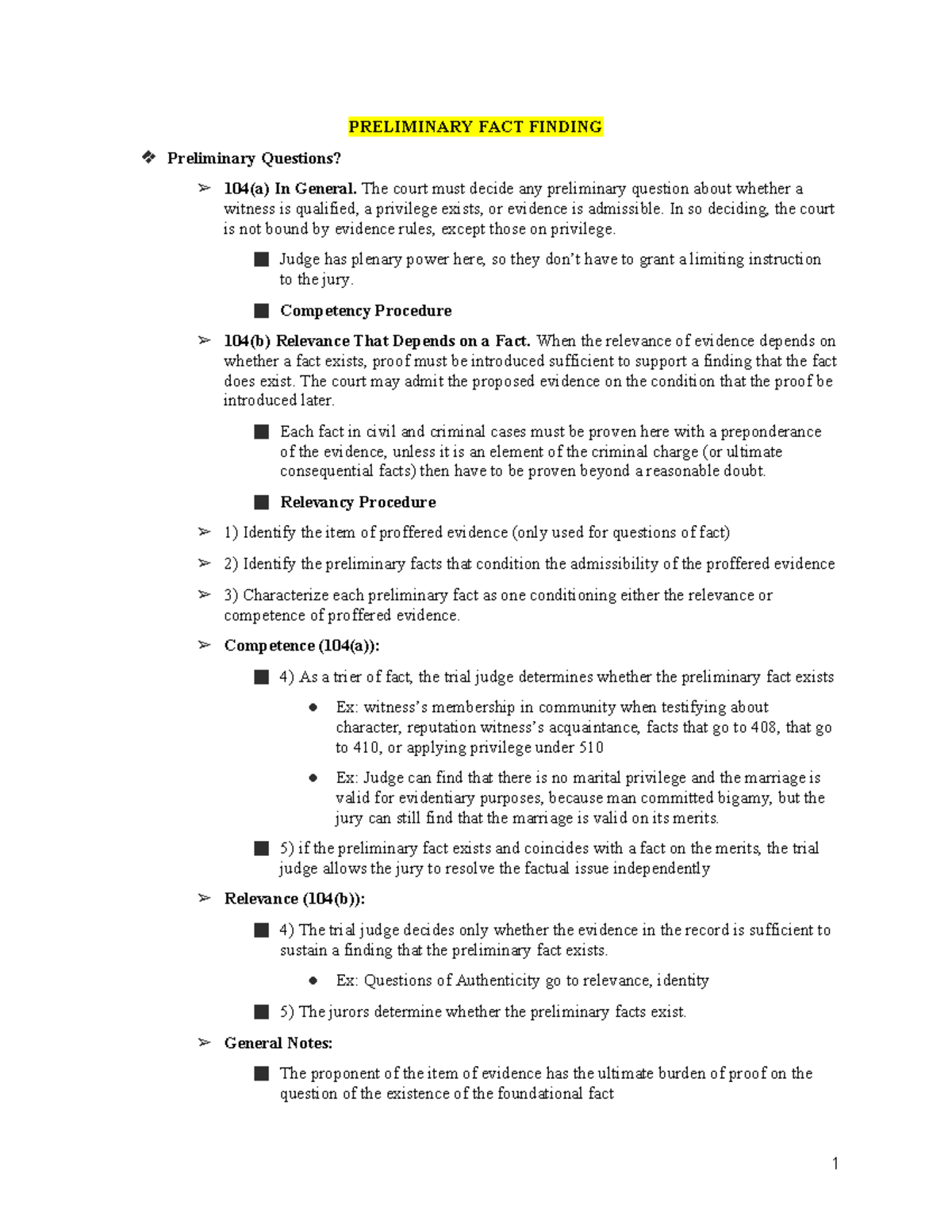 Evidence Tidmarsh Fall 2019 - PRELIMINARY FACT FINDING Preliminary ...