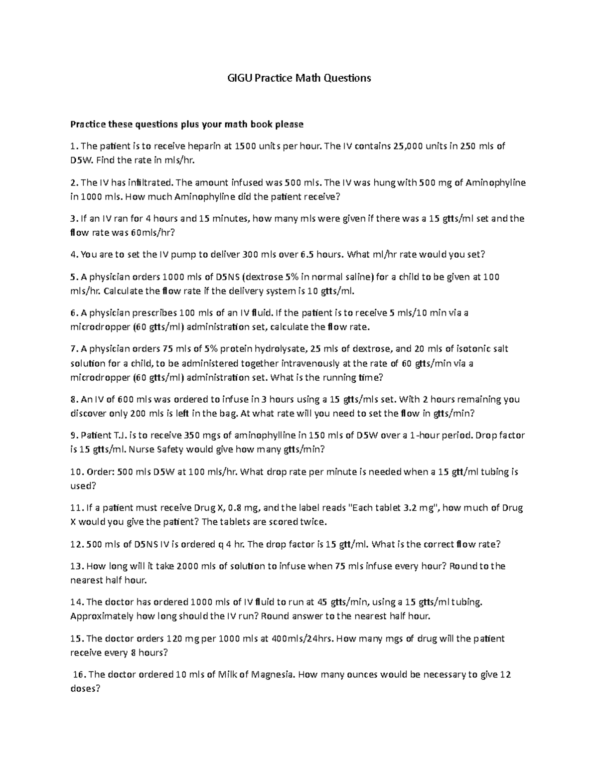 Practice Math - Nursing math - GIGU Practice Math Questions Practice ...