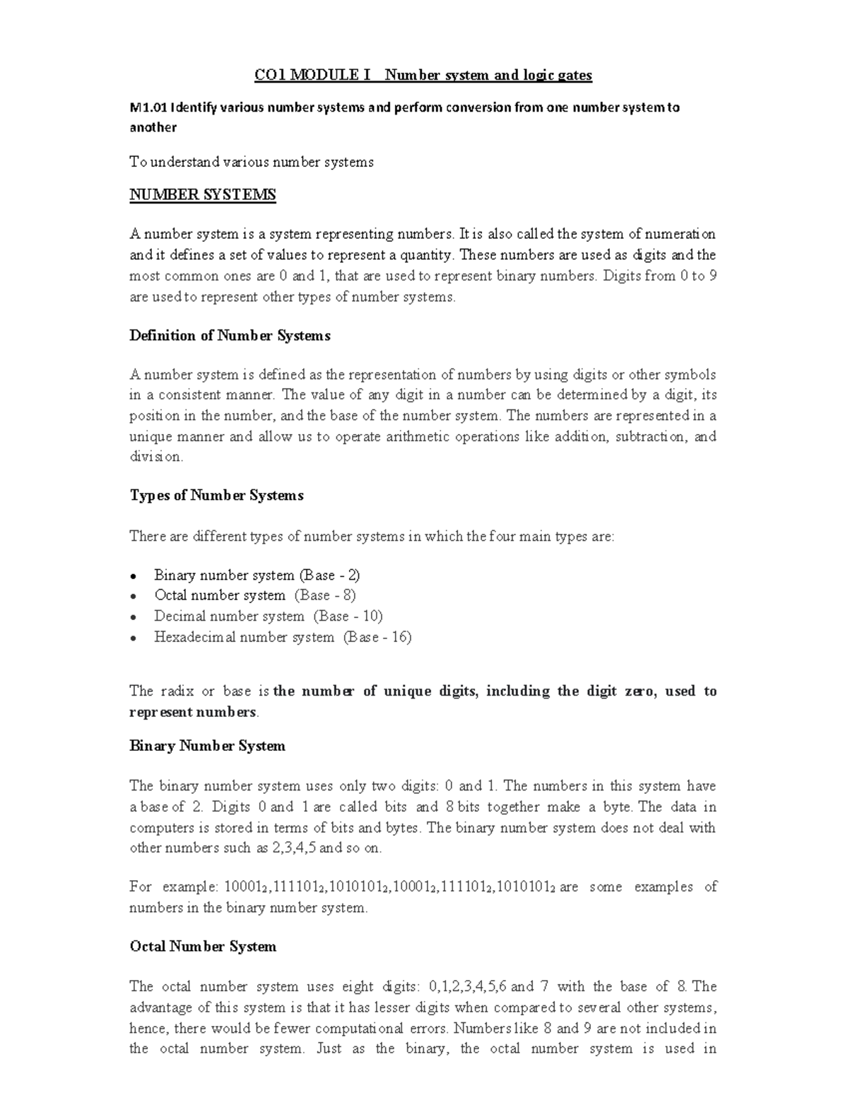 DCF Module 1 - Digital electronics - CO1 MODULE I Number system and ...