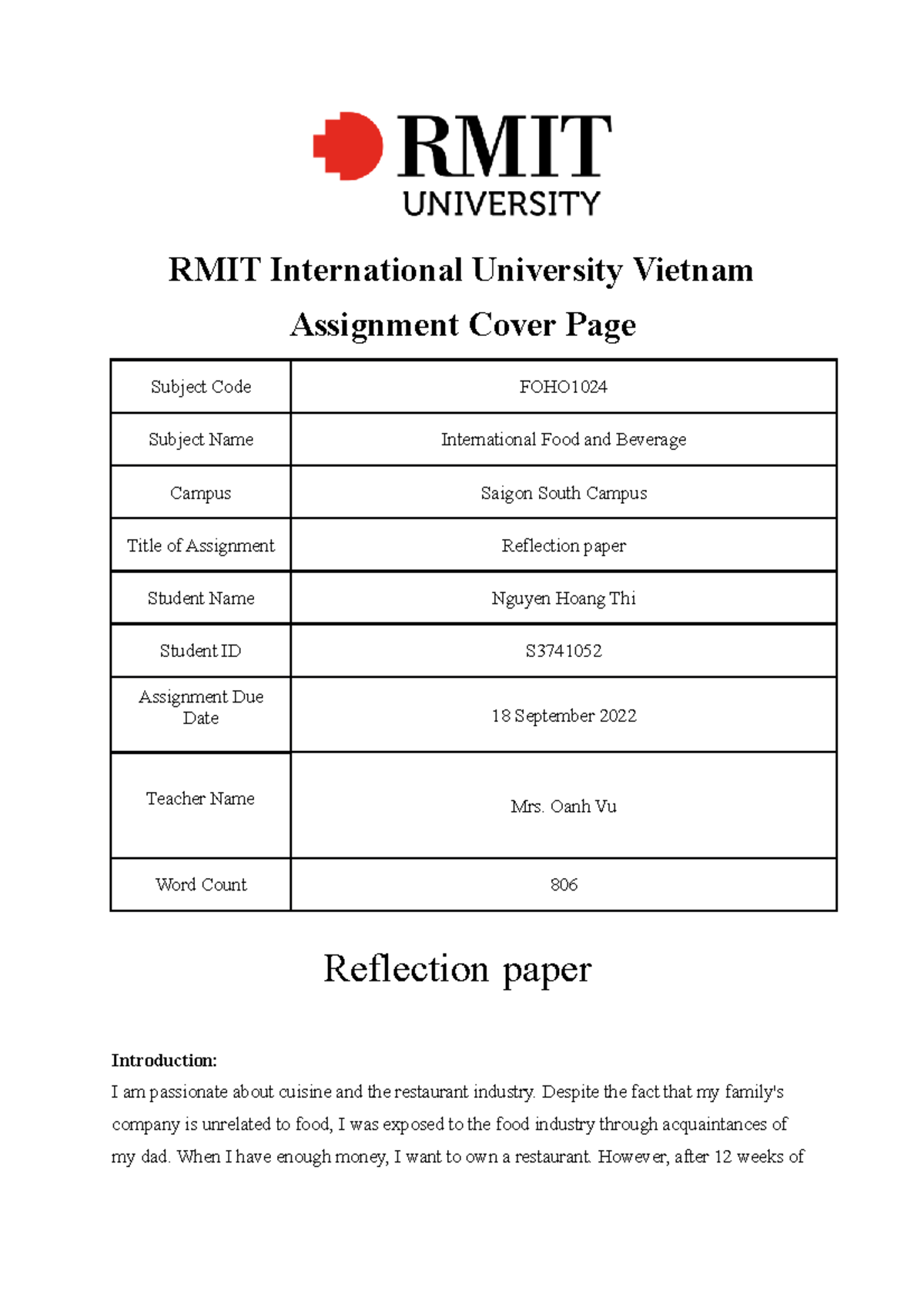 Nguyen Hoang Thi-s3741052-Reflection paper-FOHO1024 - RMIT ...