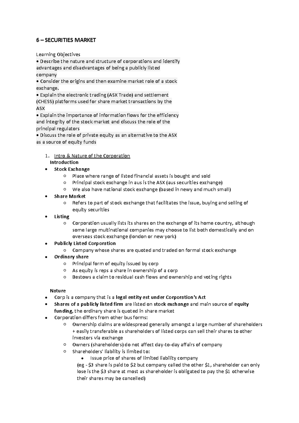 ACFI1003 6 - lecture notes and tutorial work - 6 – SECURITIES MARKET ...