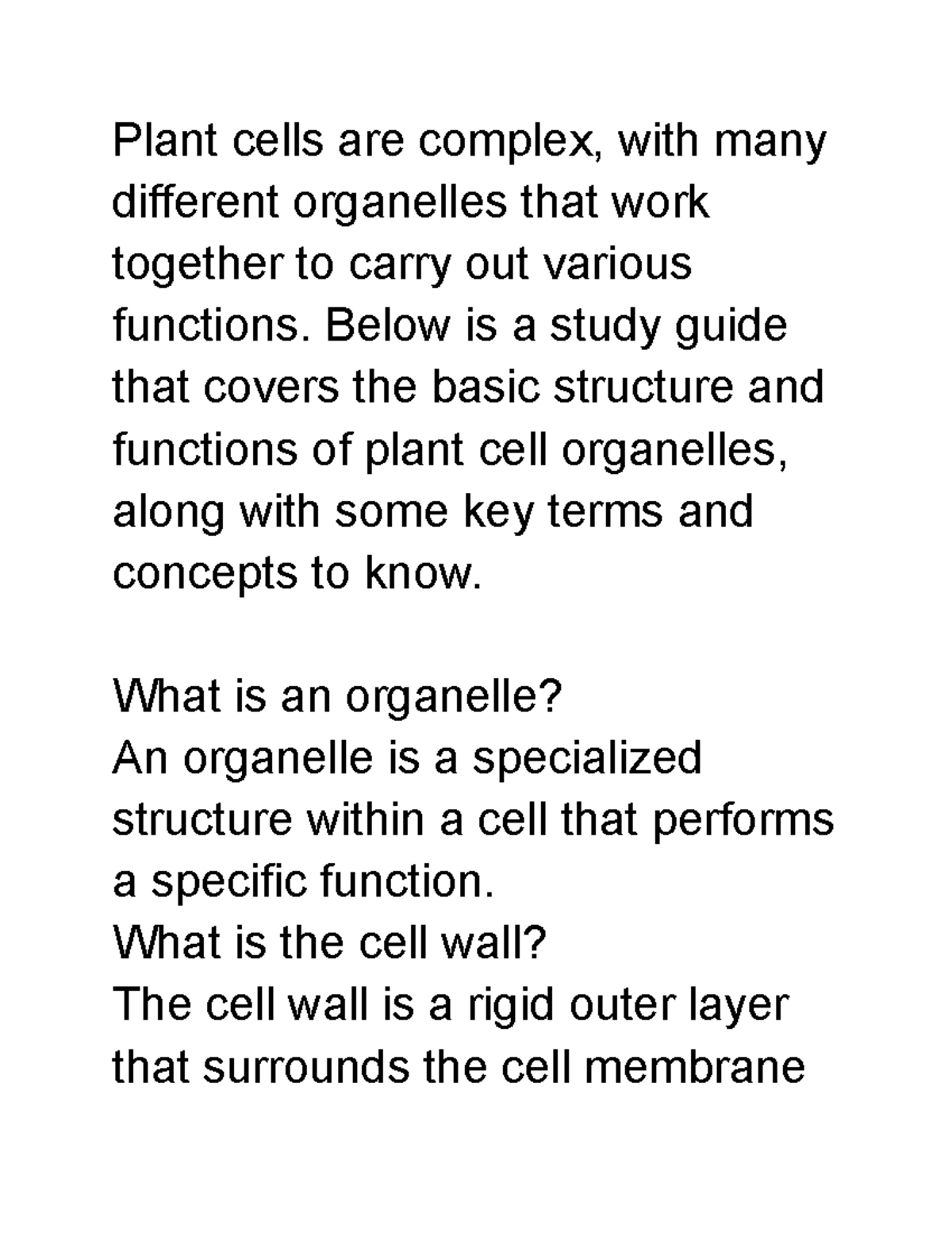 Study guide - The Structure and Function of Plant Cell Organelles ...