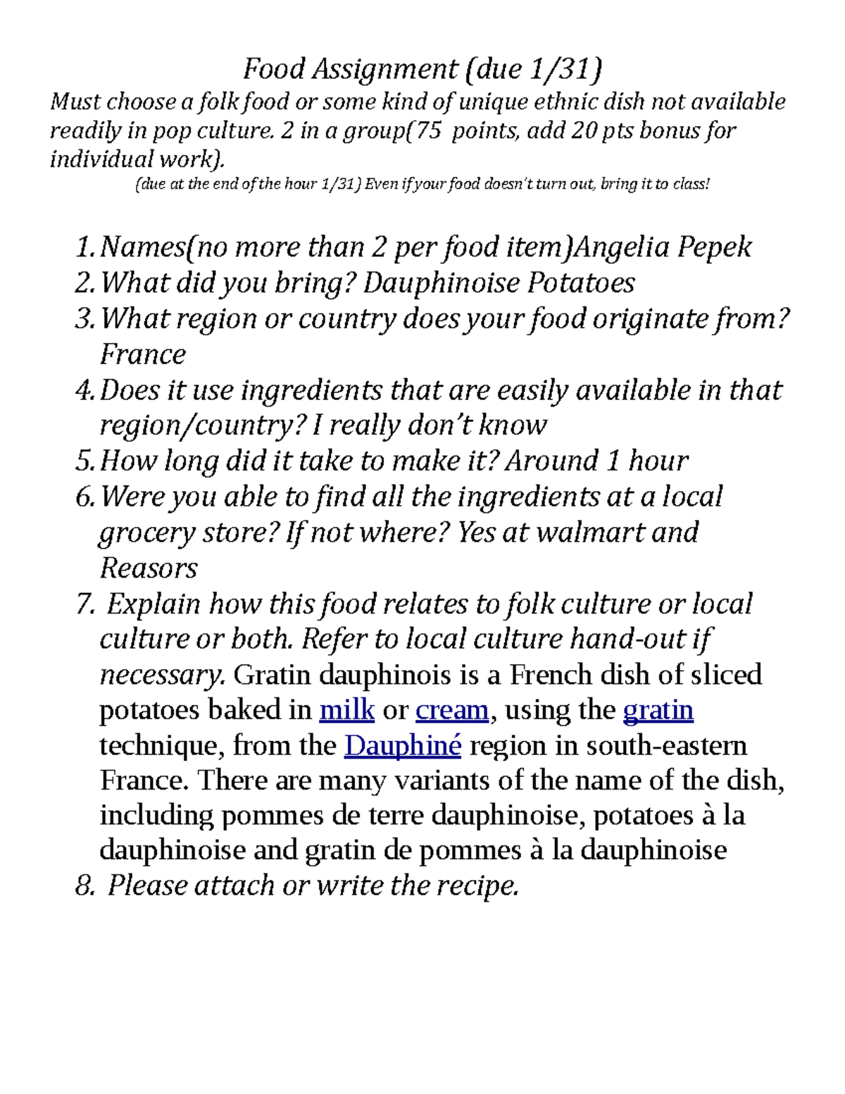 Copy of Food Assignment - Food Assignment (due 1/31) Must choose a folk ...